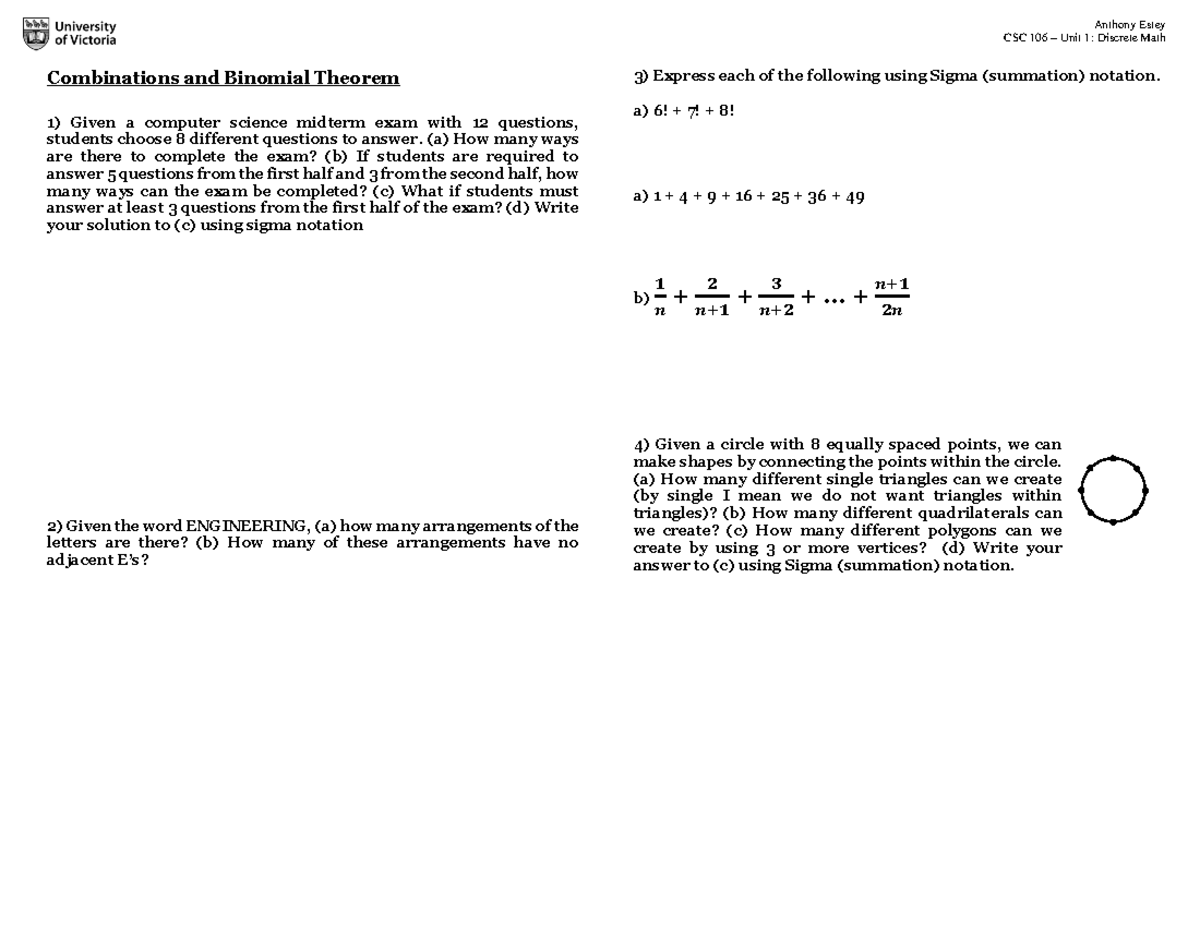 01b-combinations - Practice materials from Estay 2022 - Anthony Estey CSC 106 – Unit 1: Discrete ...