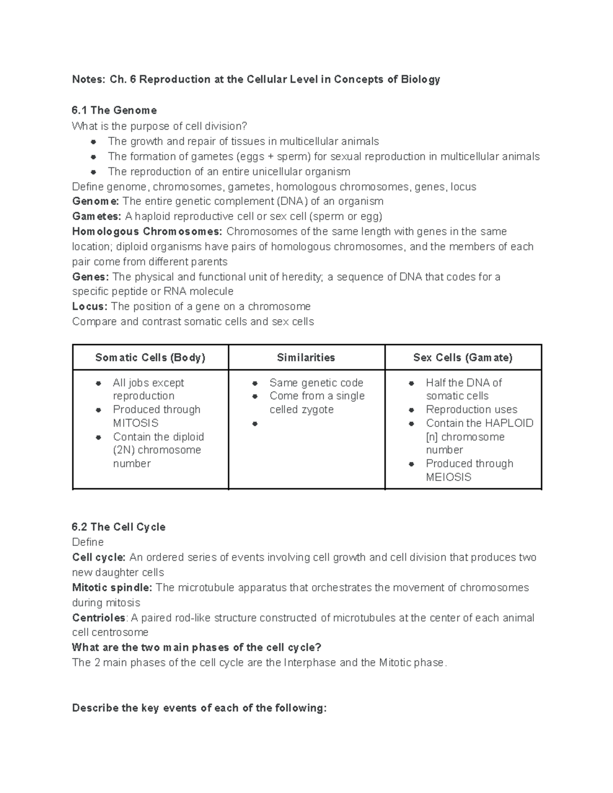 Bio 1011 Chapter 6 (6.1-6.3) + Chapter 9 - Notes: Ch. 6 Reproduction at ...