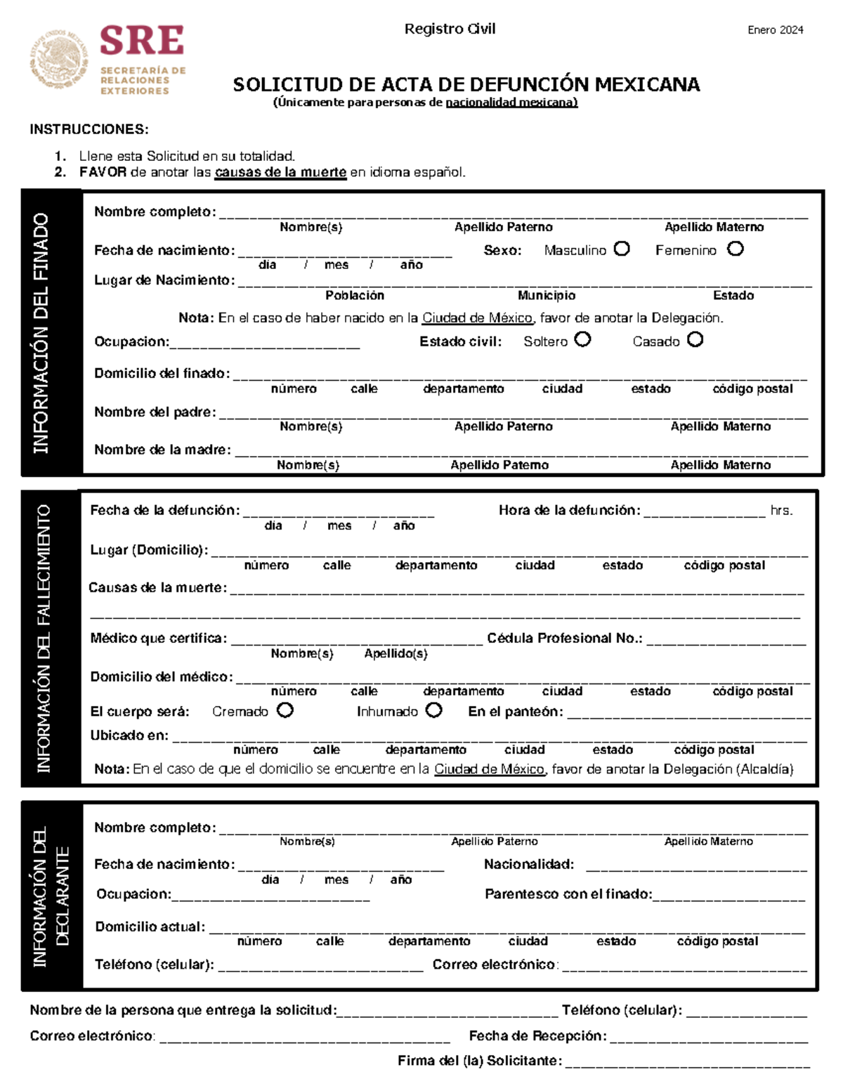 Defuncion- espaol Enero 2024 - Registro Civil Enero 2024 SOLICITUD DE ACTA DE DEFUNCIÓN MEXICANA ...