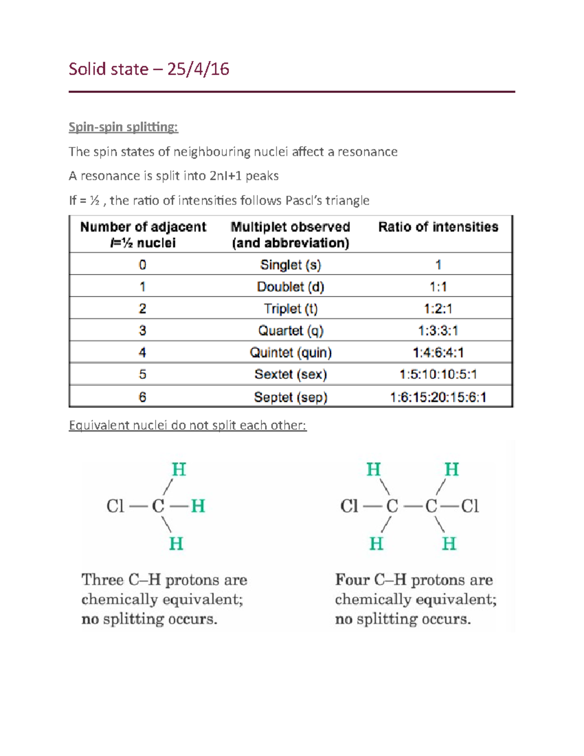 Solid state – lecture 4 - Solid state – 25/4/16 Spin-spin splitting ...