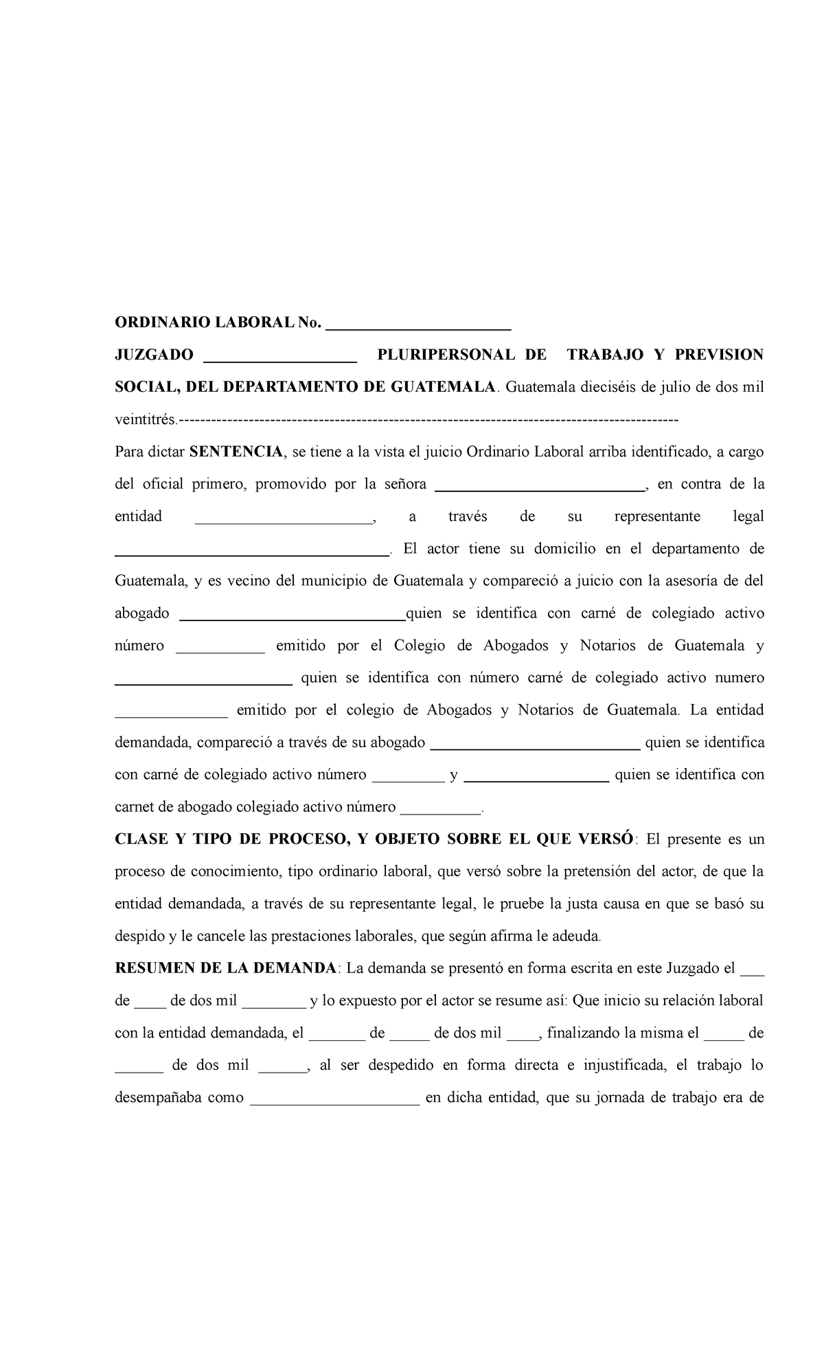 Ejemplo sentencia laboral - ORDINARIO LABORAL No ...