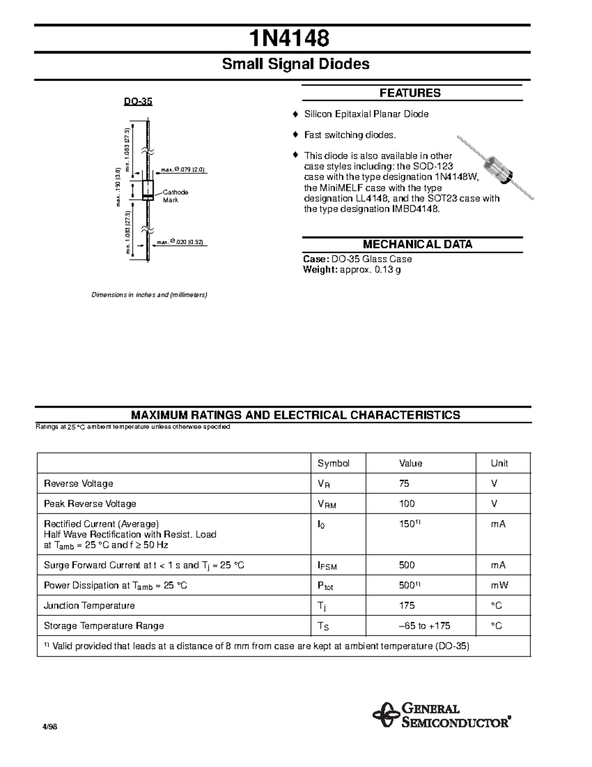 Caracteristicas do diodo 1n4148 - FEATURES Small Signal Diodes ...
