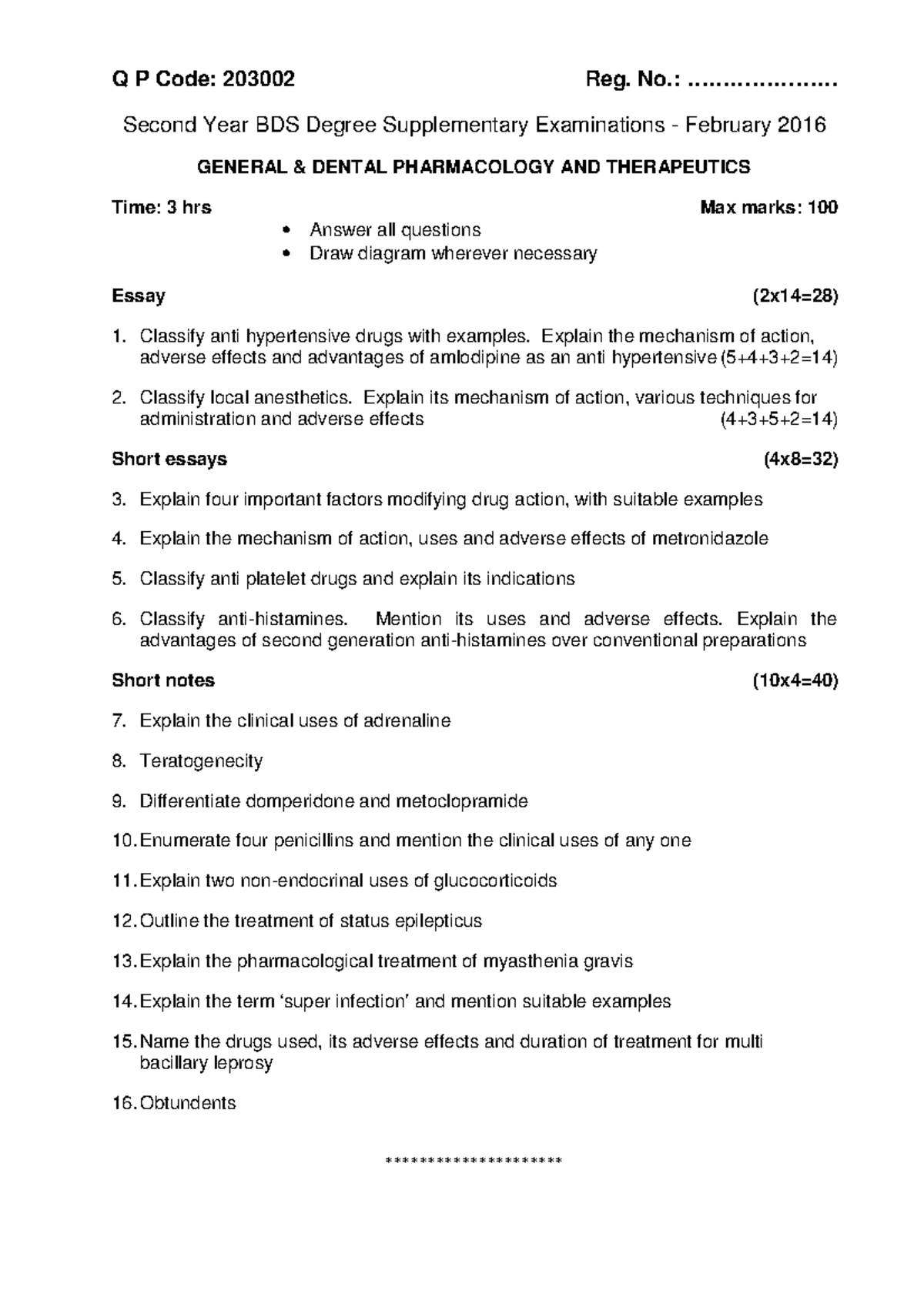 203002 - Q P Code: 203002 Reg. No.: ..................... Second Year ...