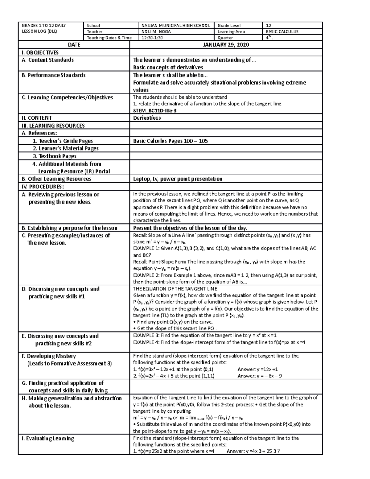 Equation of the tangent line - GRADES 1 TO 12 DAILY LESSON LOG (DLL ...