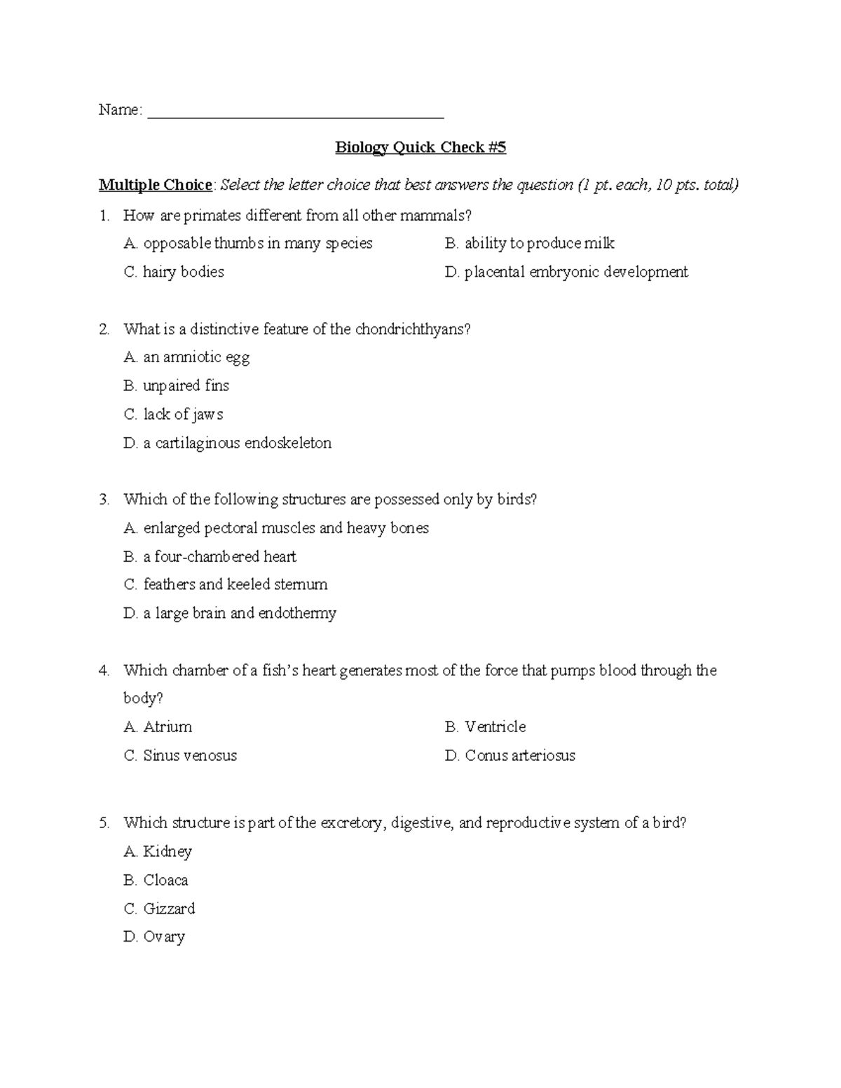 Biology Spring Quick Check #5 - Name ...