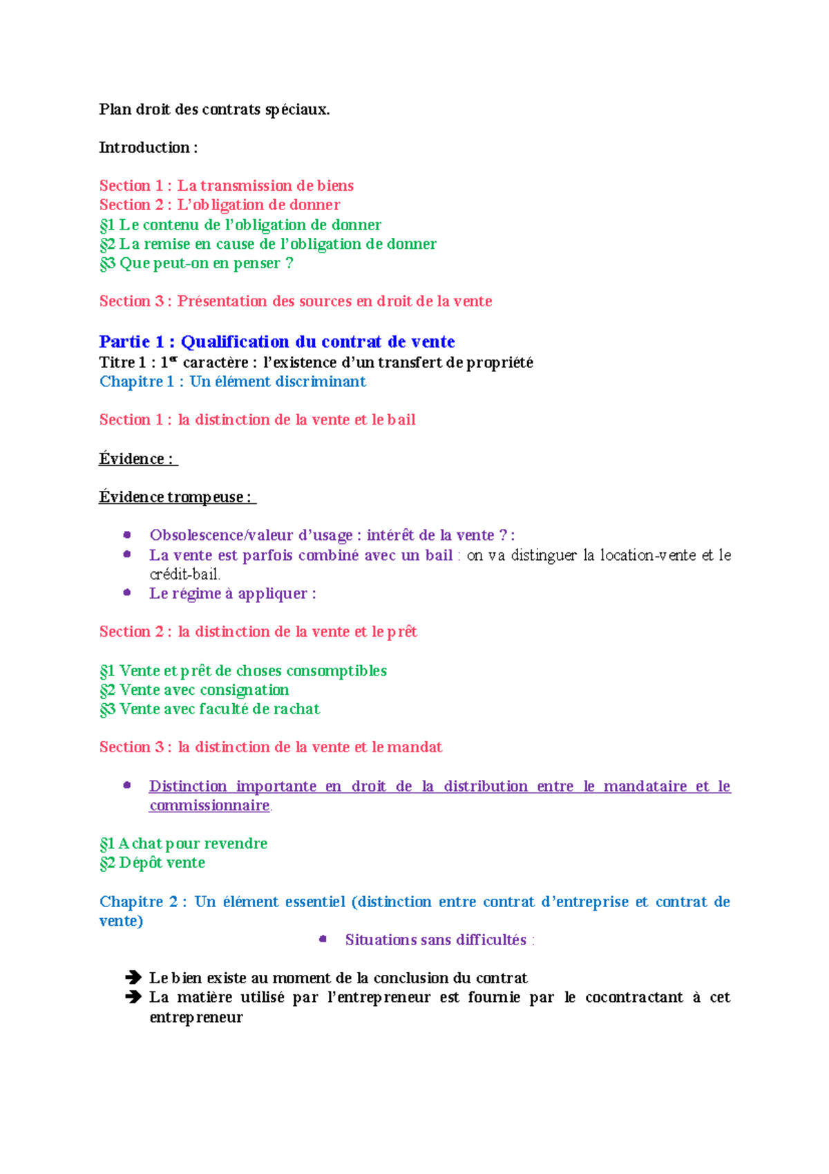 Plan droit des contrats spéciaux - Droit civil - UT Capitole - Studocu