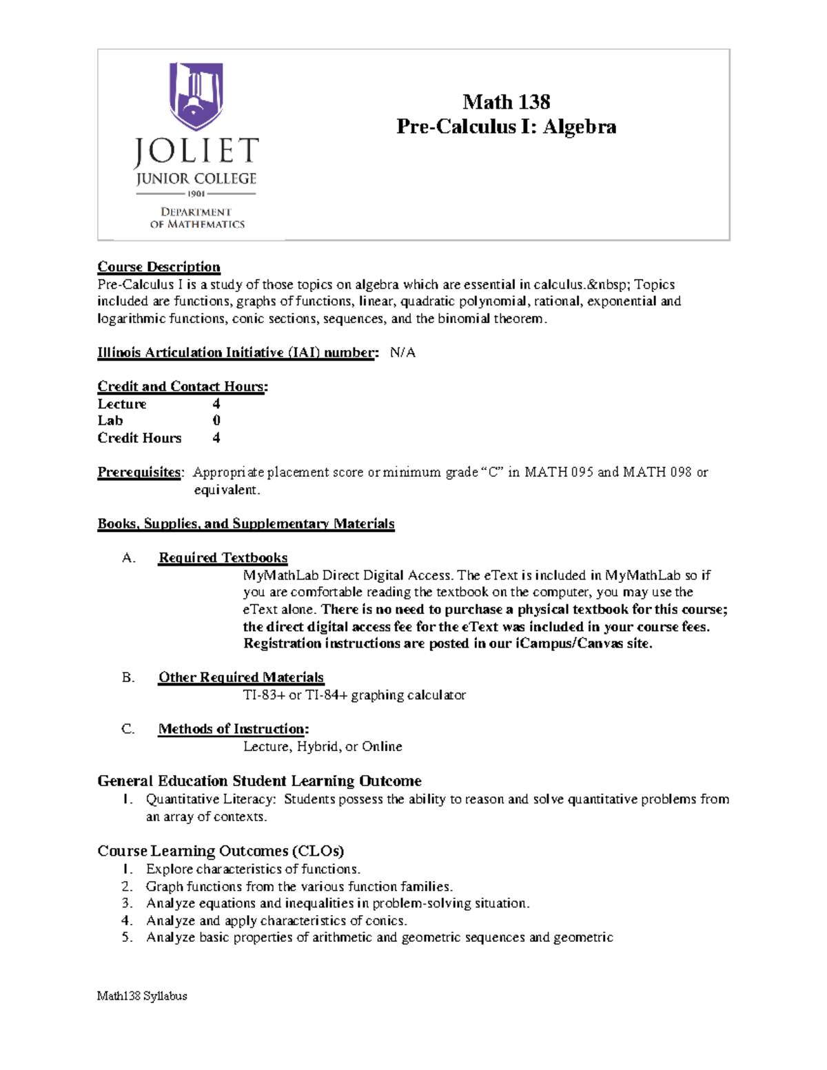 Math138 Syllabus Pre Calculus - Math1 3 8 Syllabus Math 1 38 Pre-Calculus I: Algebra Course ...