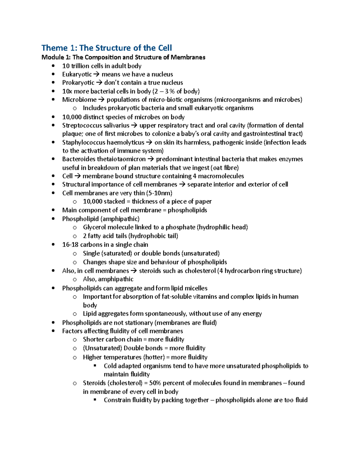 Theme 1 lecture notes - Theme 1: The Structure of the Cell Module 1 ...
