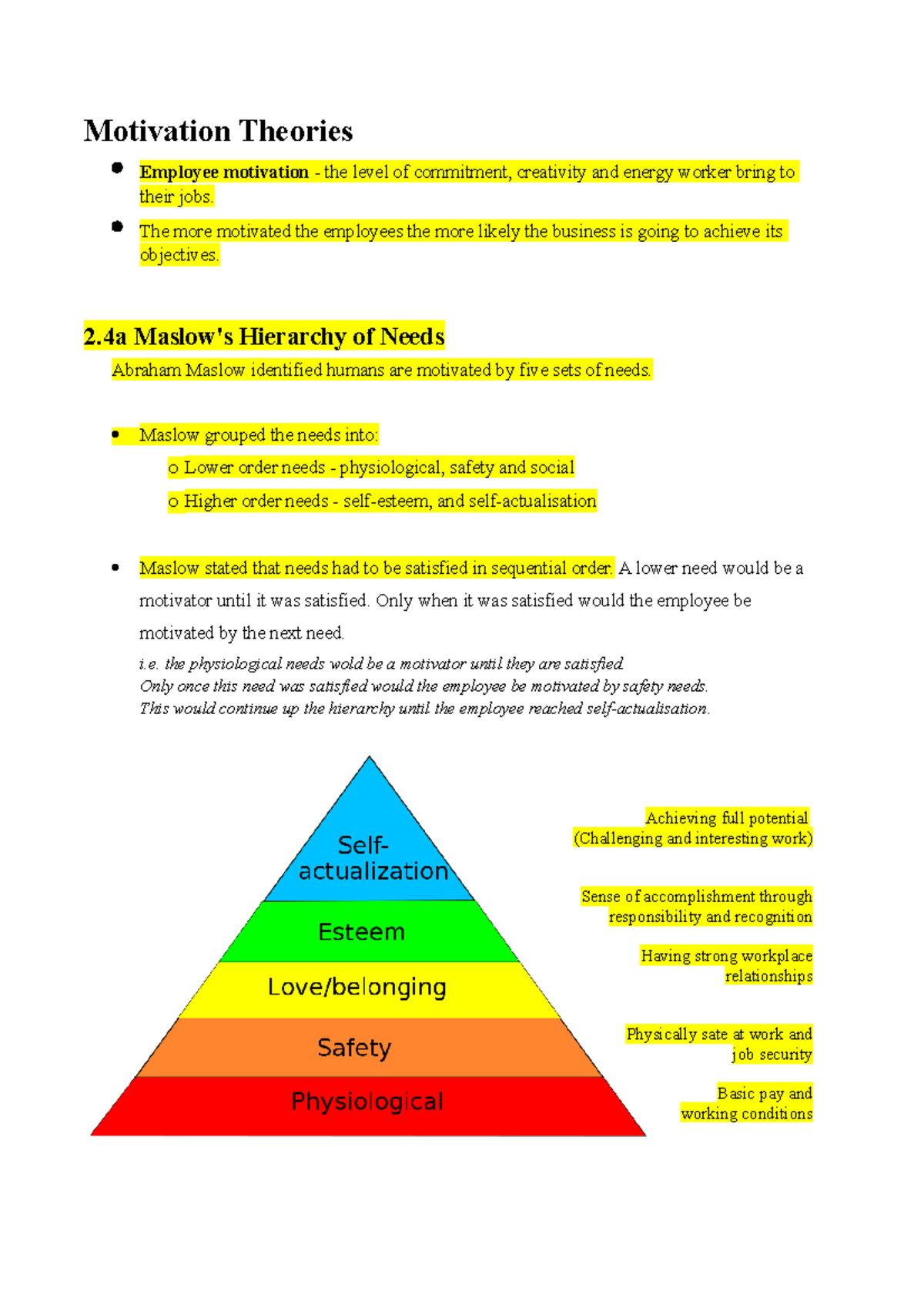 2.04a Maslow - Motivation Theories Employee motivation - the level of ...