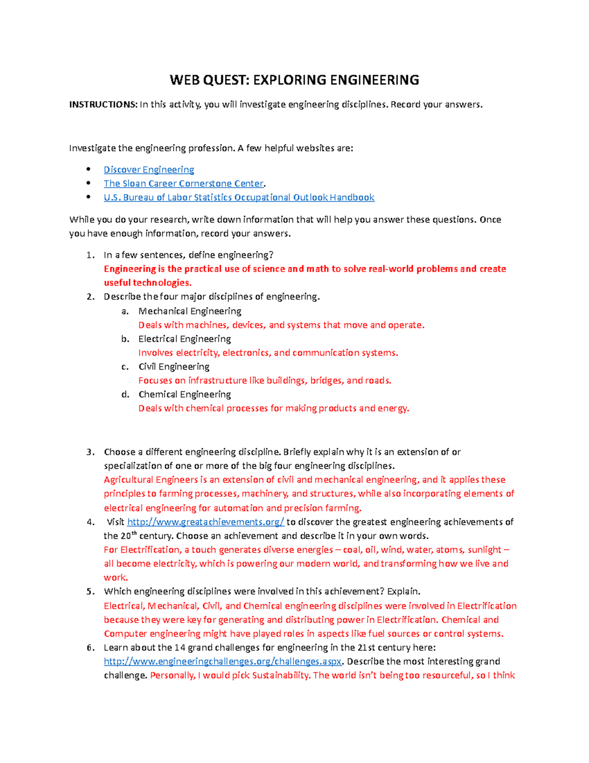 Engineering Disciples Web Quest Completed - WEB QUEST: EXPLORING ...