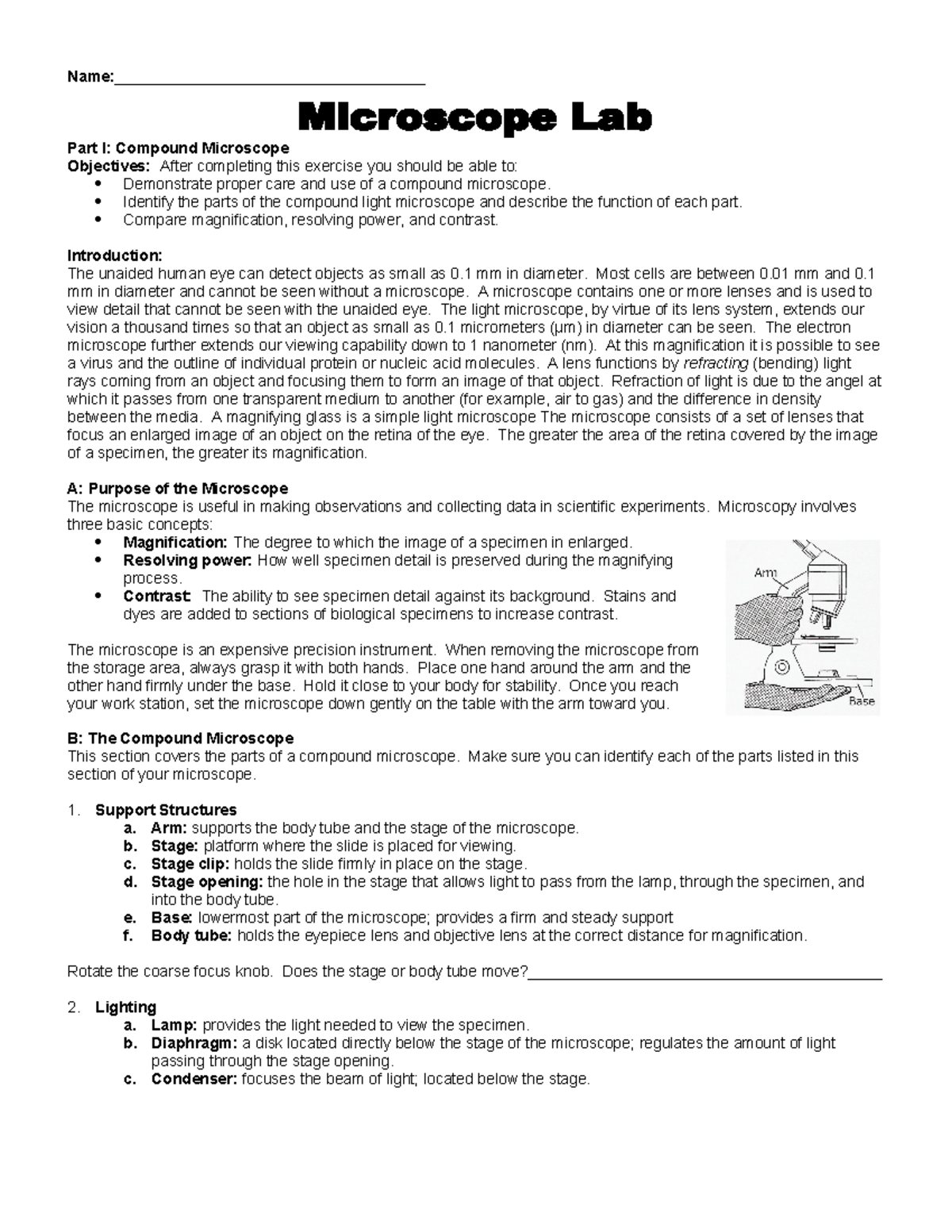 Microscope lab - Name:____________________________________ Part I ...