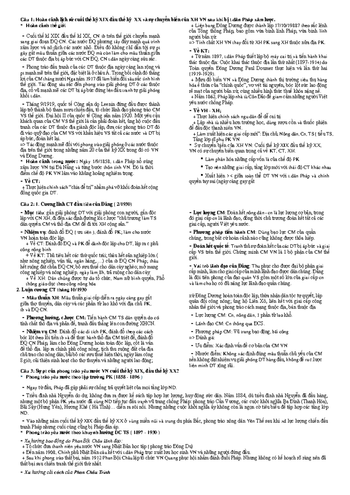 Câu 1 - lsd - Câu 1: Hoàn cảnh lịch sử cuối thế kỷ XIX đầu thế kỷ XX và sự chuyển biến của XH VN ...