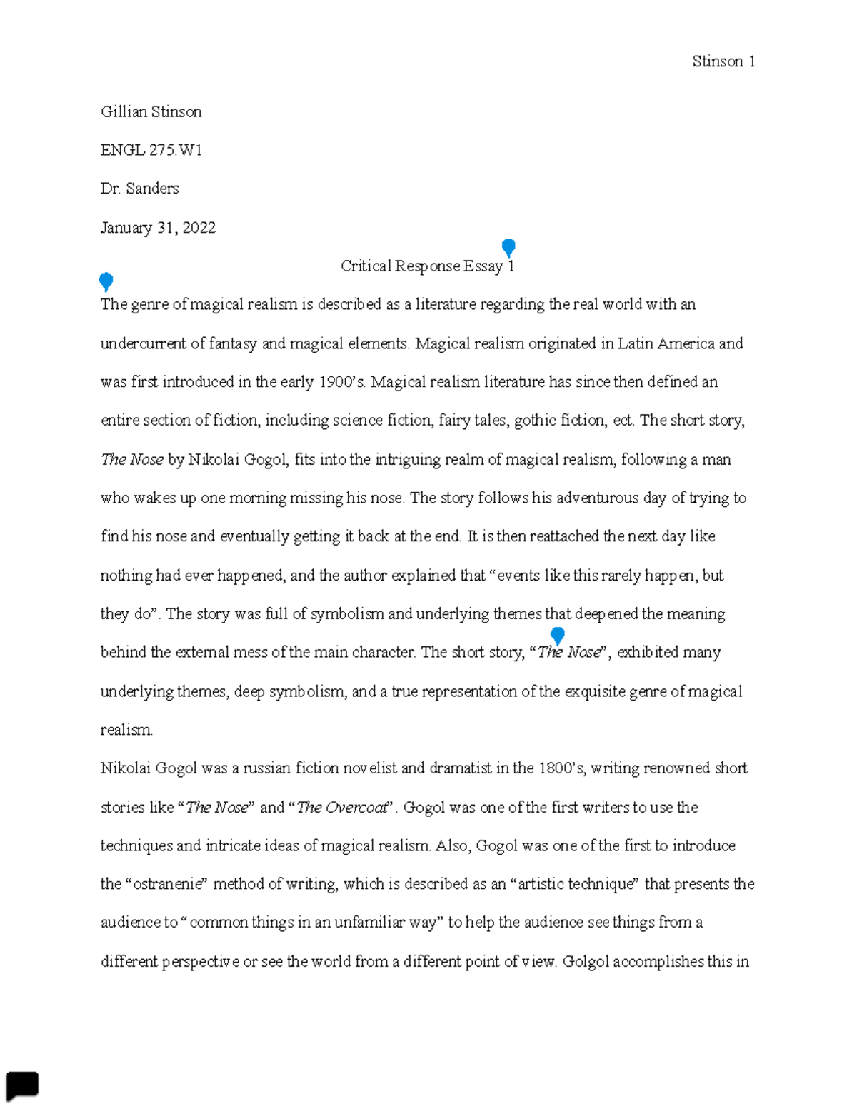 Critical Response Essay 1 - Gillian Stinson ENGL 275 Dr. Sanders ...