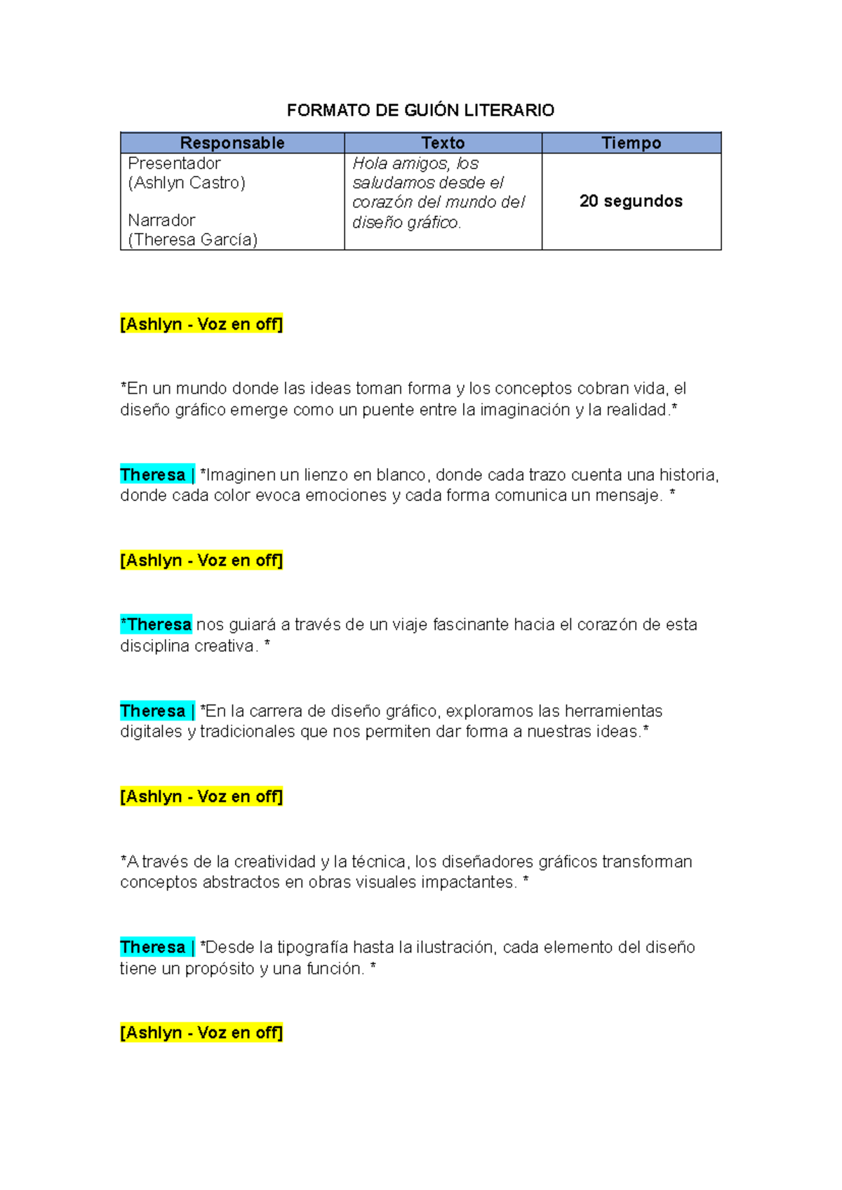 Formato DE Guión Literario - FORMATO DE GUIÓN LITERARIO Responsable Texto Tiempo Presentador ...