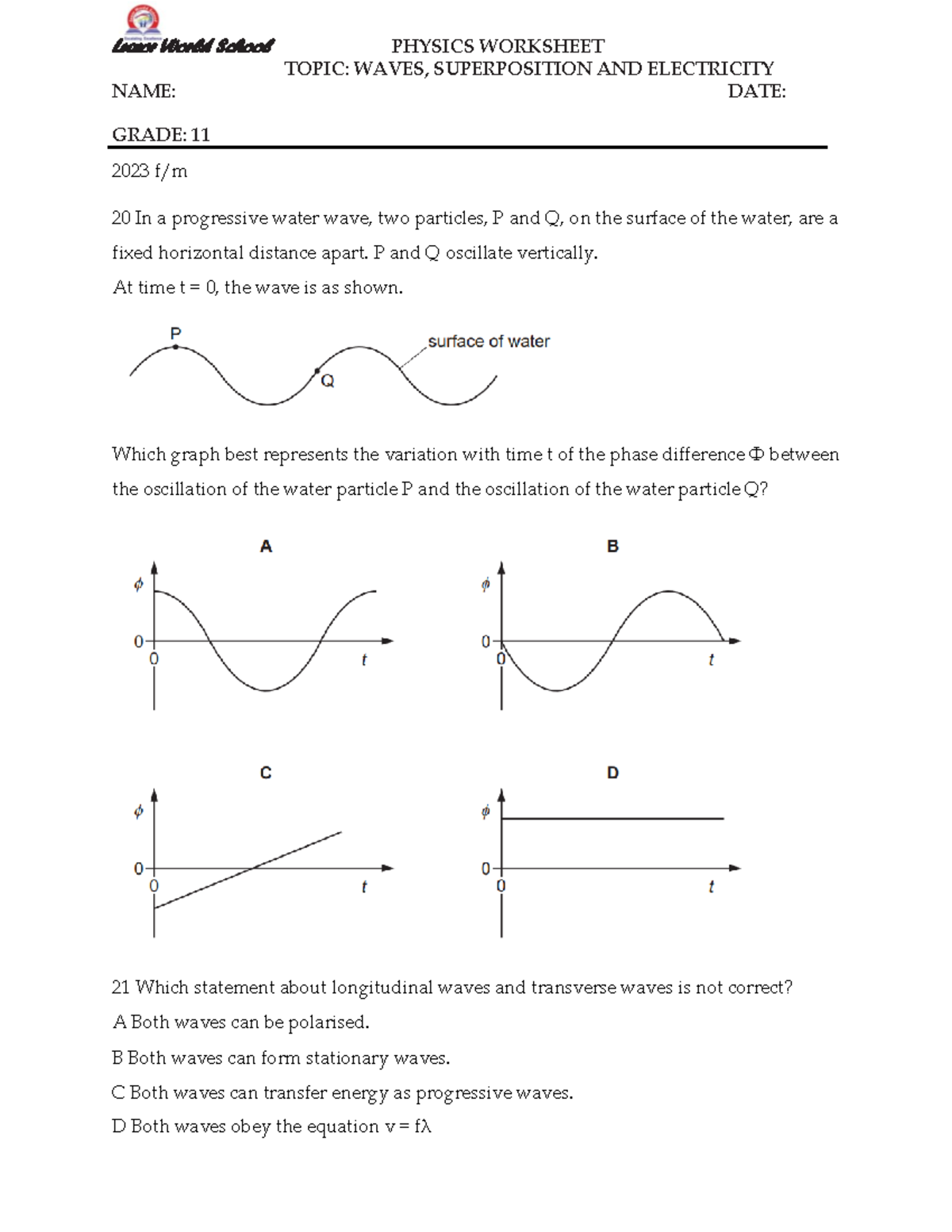 AS CH 7,8,9 Worksheet - good - Luxor World School PHYSICS WORKSHEET ...
