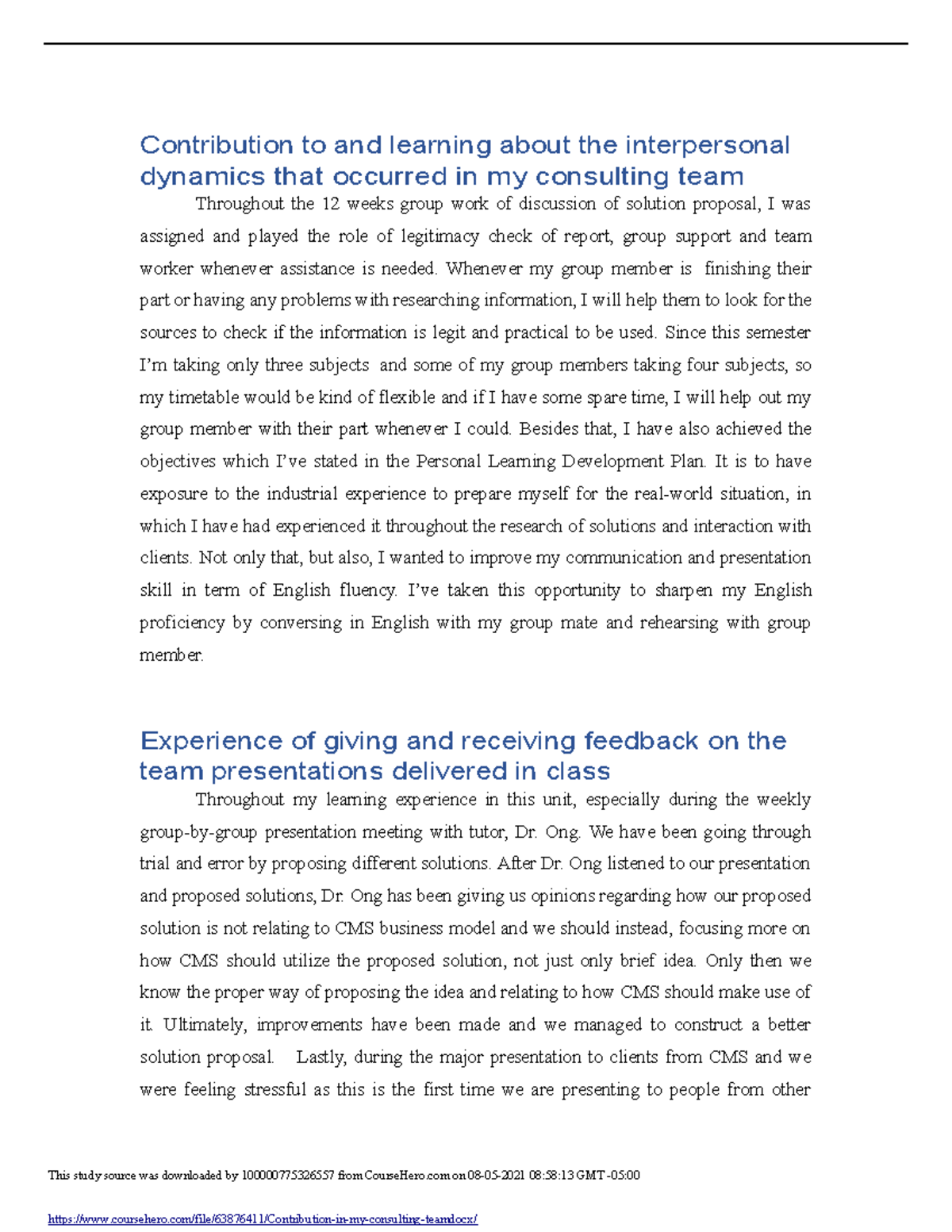 Contribution in my consulting team - BUS30009 - Swinburne - Studocu
