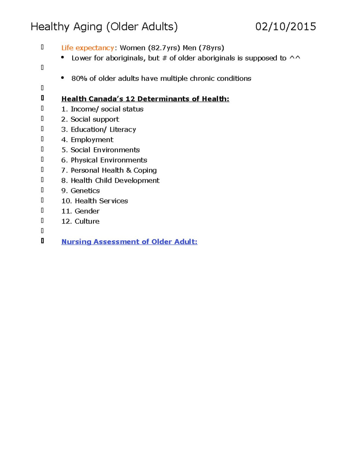 Summary - lecture 1-3 - Healthy Aging (Older Adults) - Healthy Aging ...