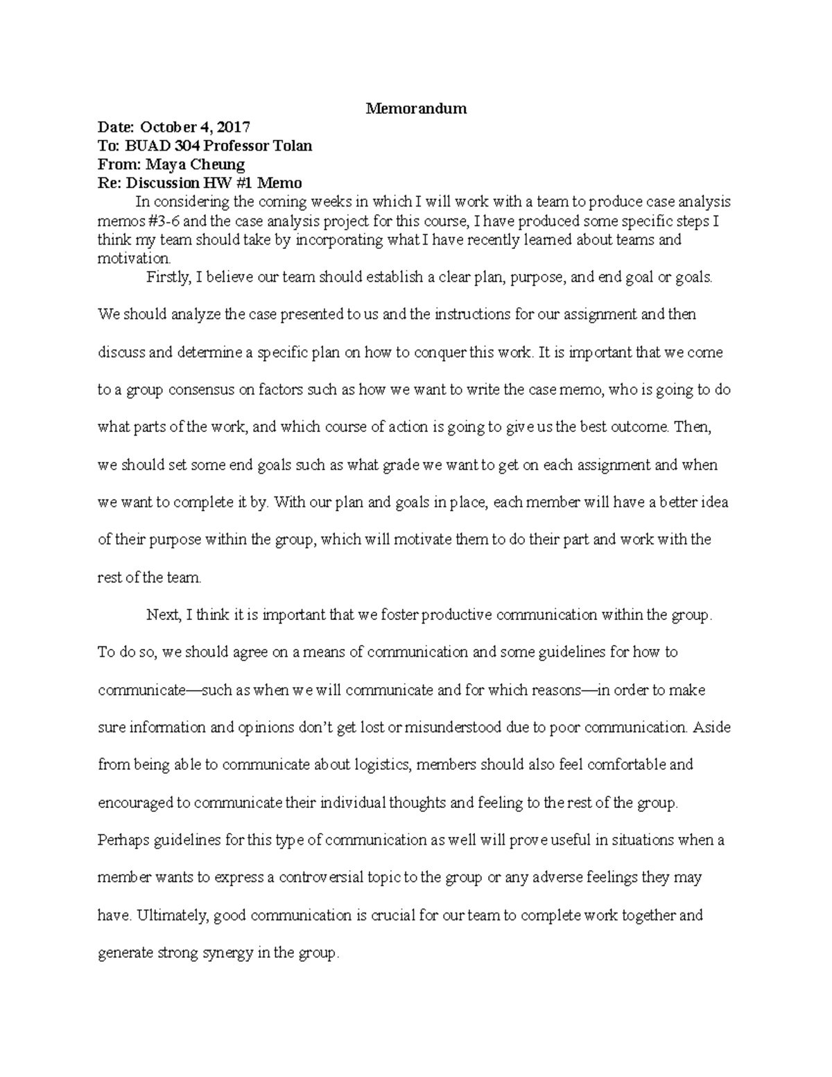 Discussion memo - memo due - Memorandum Date: October 4, 2017 To: BUAD ...