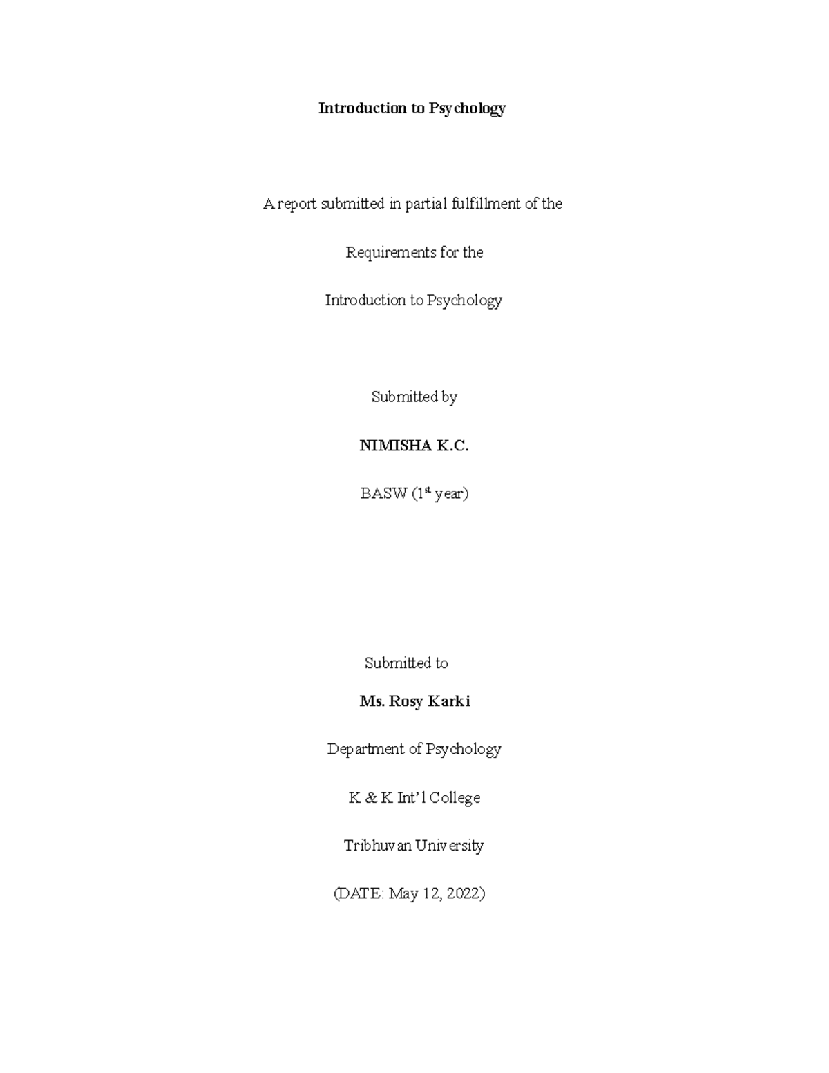 Introduction to psychology assignment - Introduction to Psychology A ...