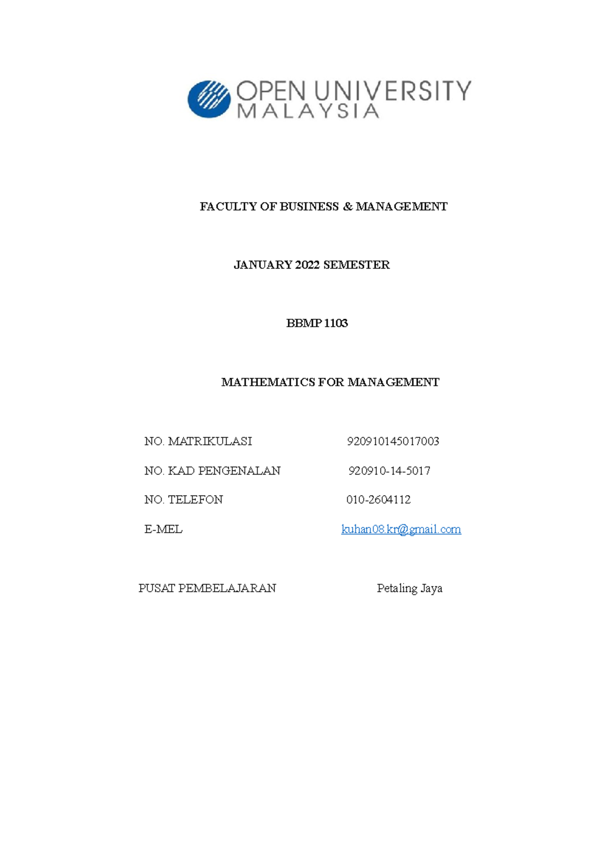 Maths Assignment FOR OUM Malaysia for - FACULTY OF BUSINESS ...