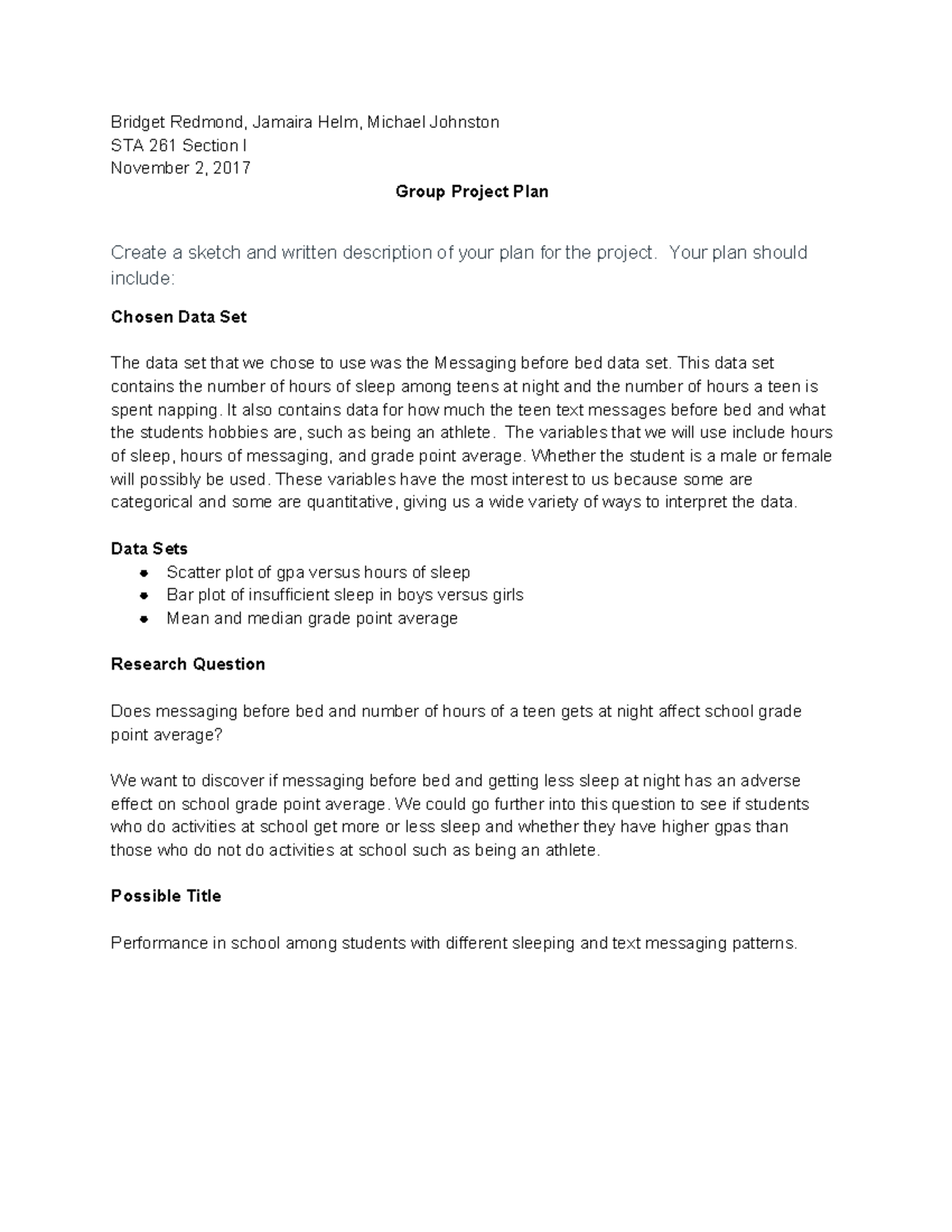 Stats project plan - Bridget Redmond, Jamaira Helm, Michael Johnston ...