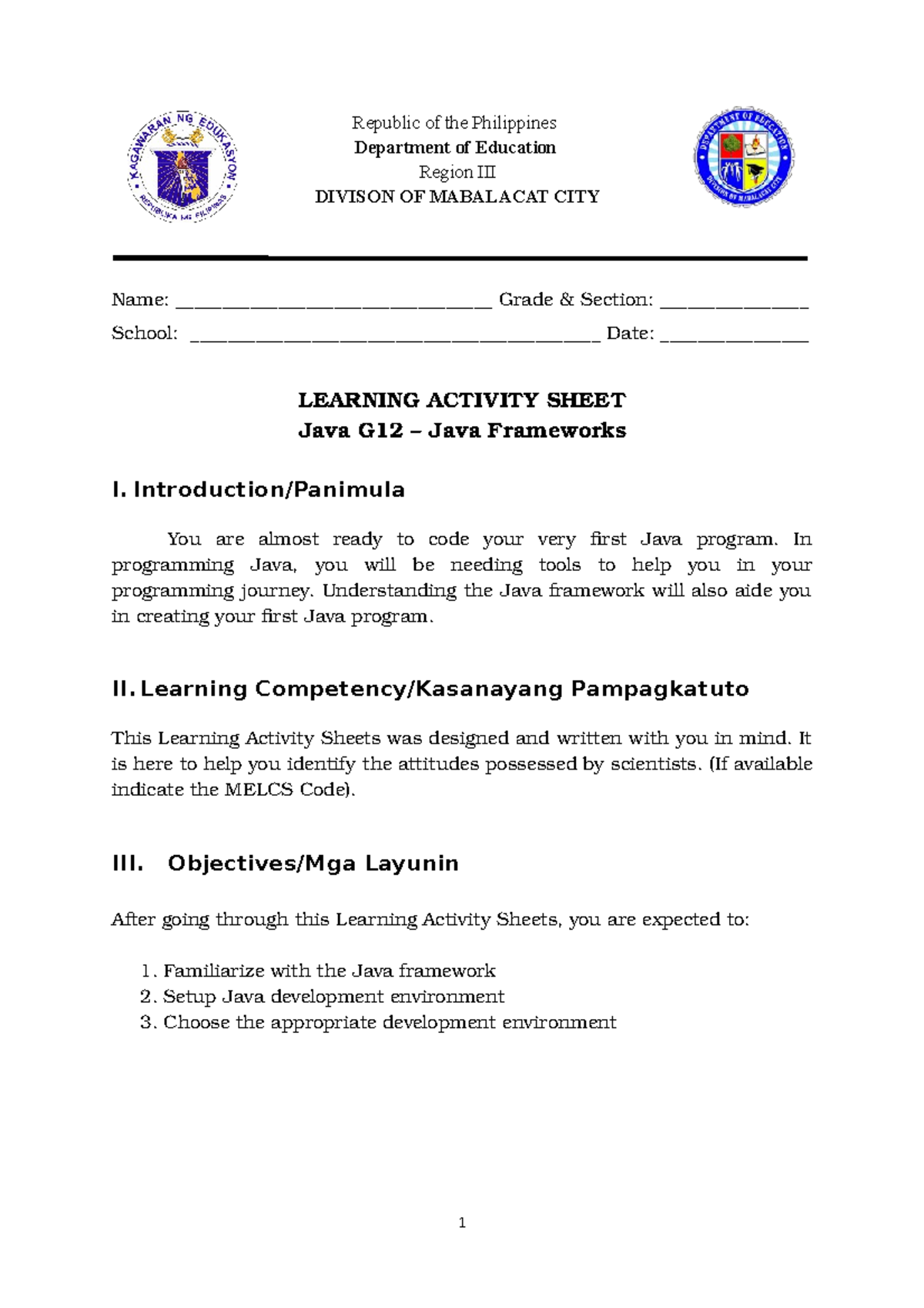 Java-G12 Q1 Wk2 Java- Grade 12 Framework - Republic of the Philippines ...