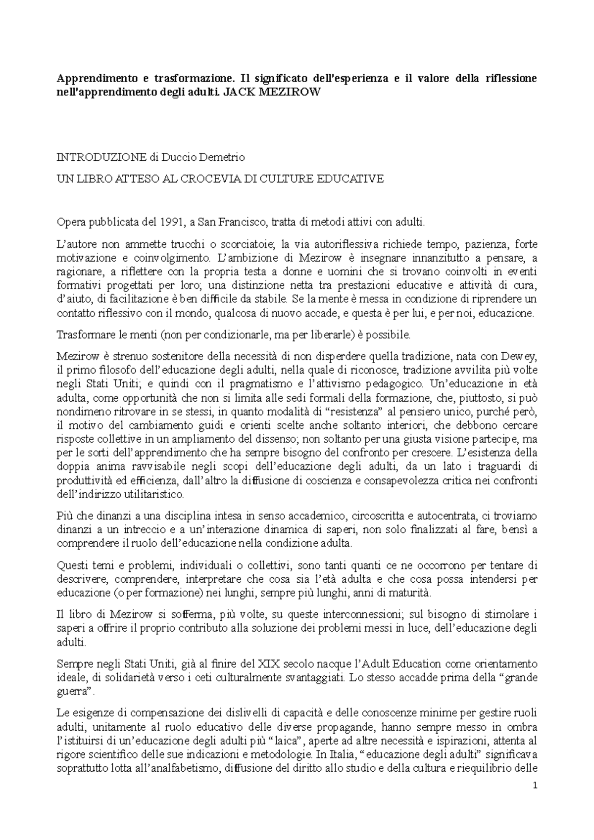 Apprendimento e trasformazione - Il significato dell'esperienza e il ...