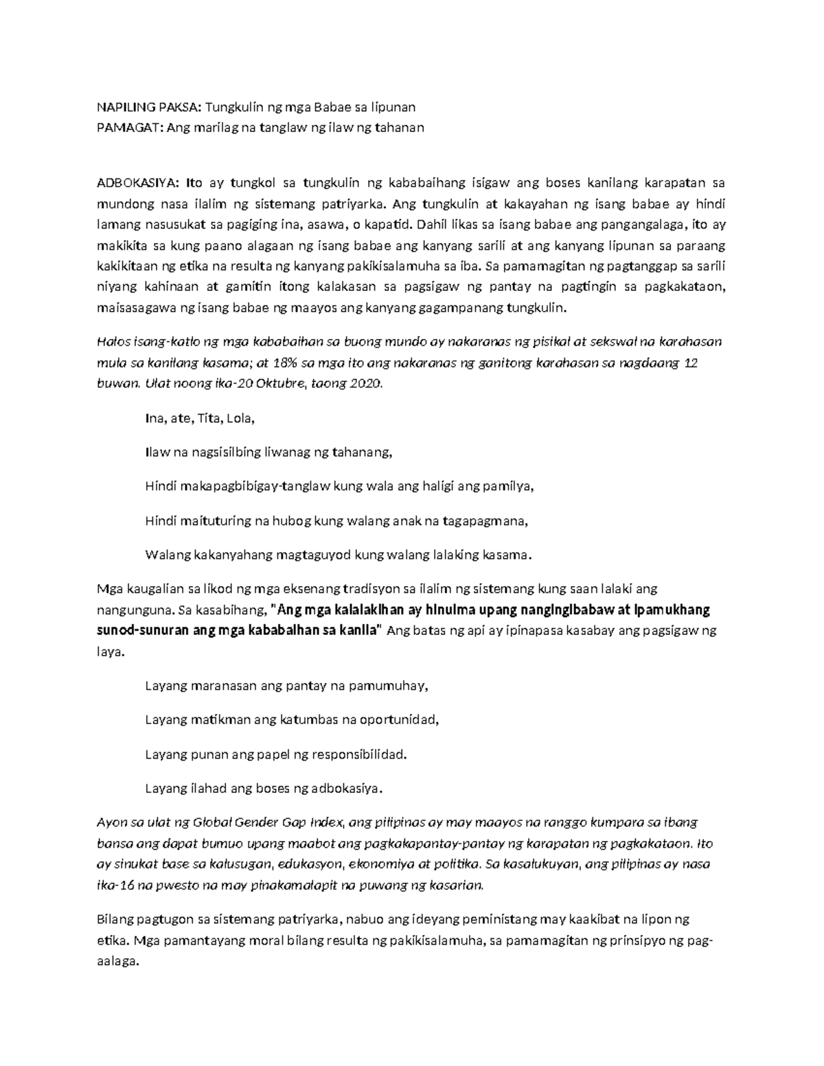 Adbokasiya para sa mga babae - NAPILING PAKSA: Tungkulin ng mga Babae ...