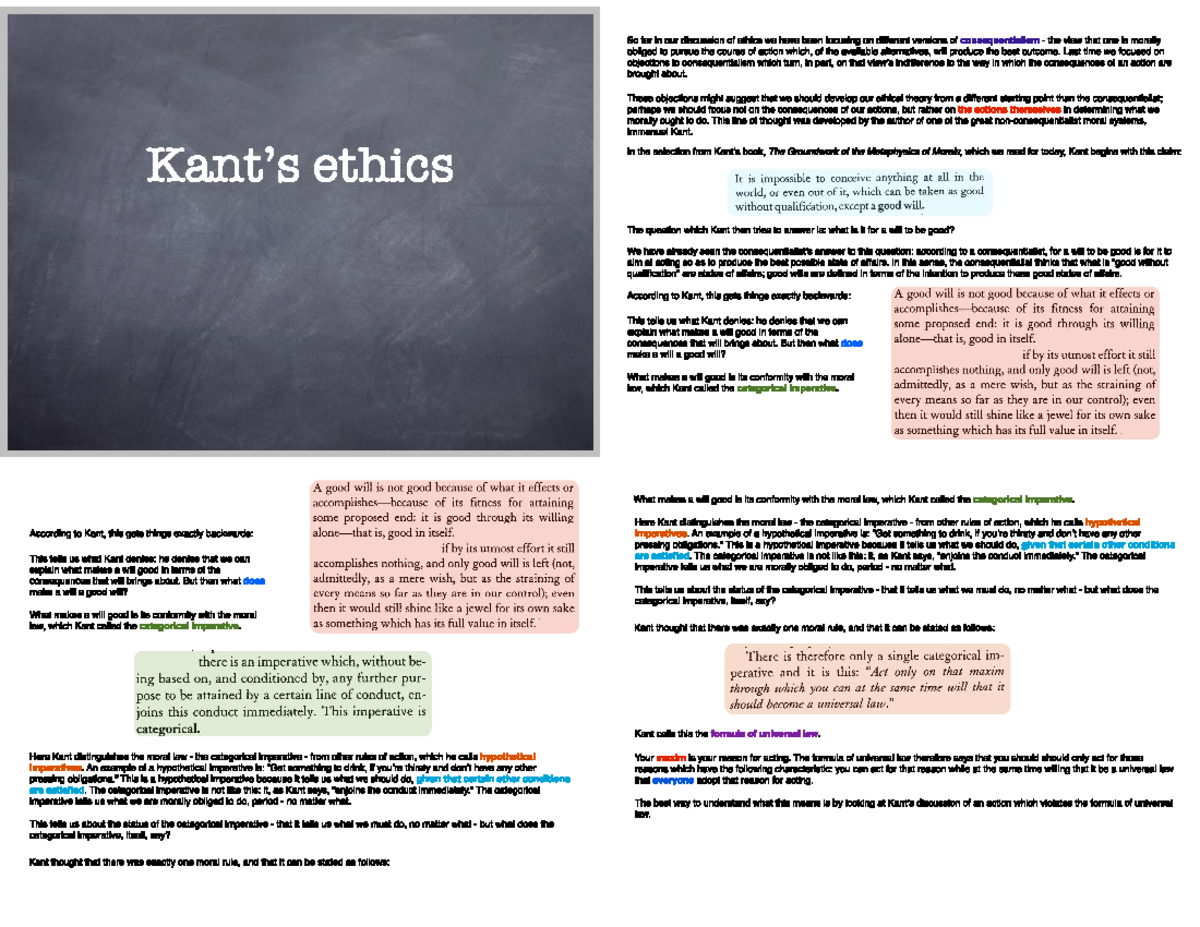 Kantian Ethics add notes - Education - Studocu