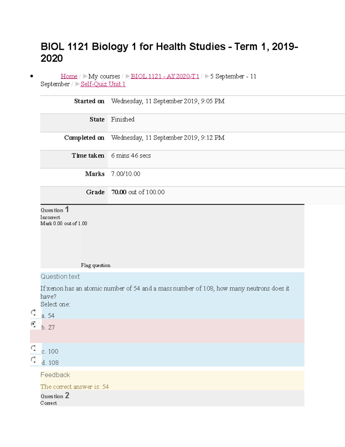 Bio 1121 self quiz unit 1 - BIOL 1121 Biology 1 for Health Studies ...