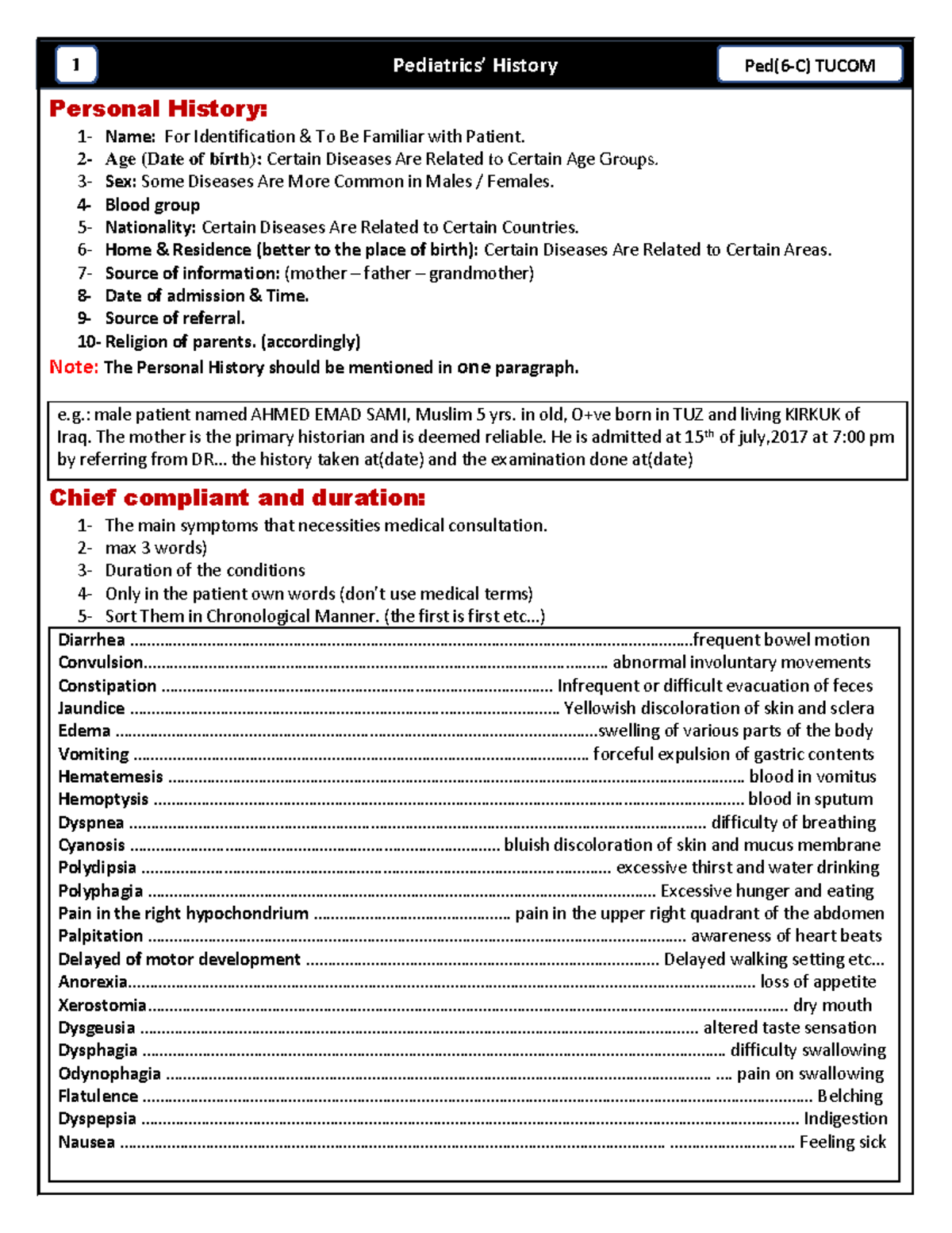 Pediatric history - Personal History: 1 - Name: For Identification & To ...