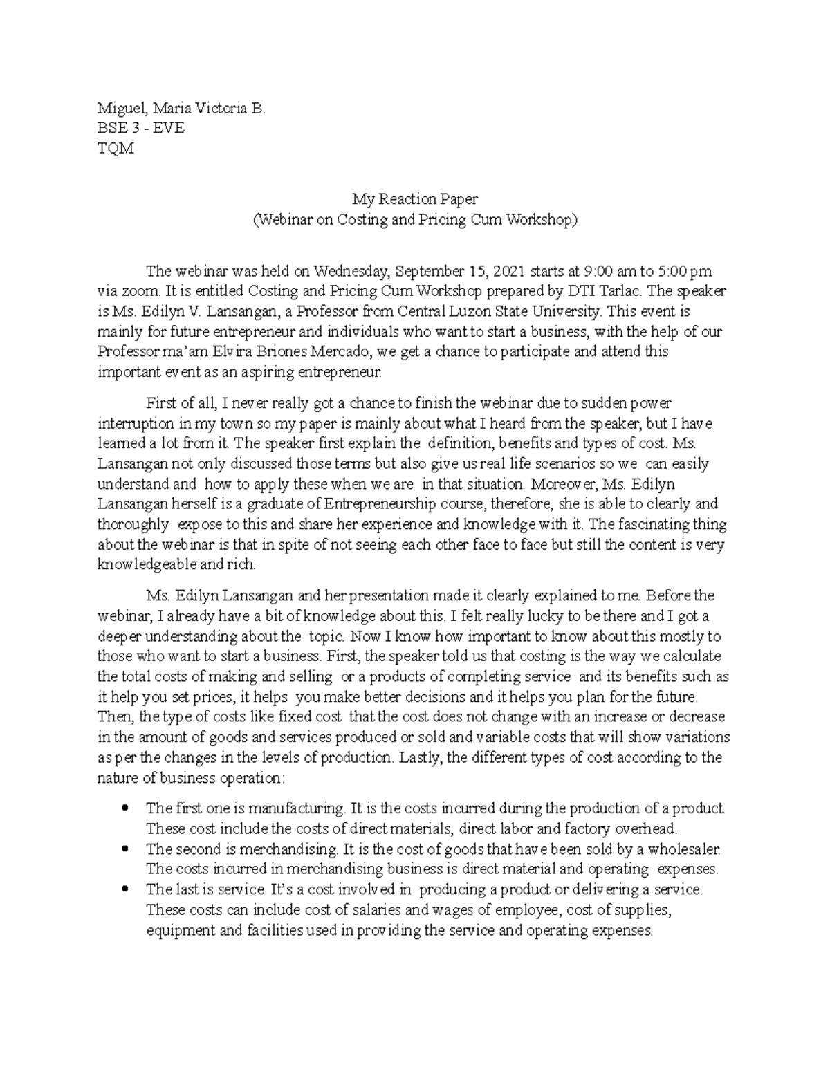 MVM Reaction Paper - Miguel, Maria Victoria B. BSE 3 - EVE TQM My ...