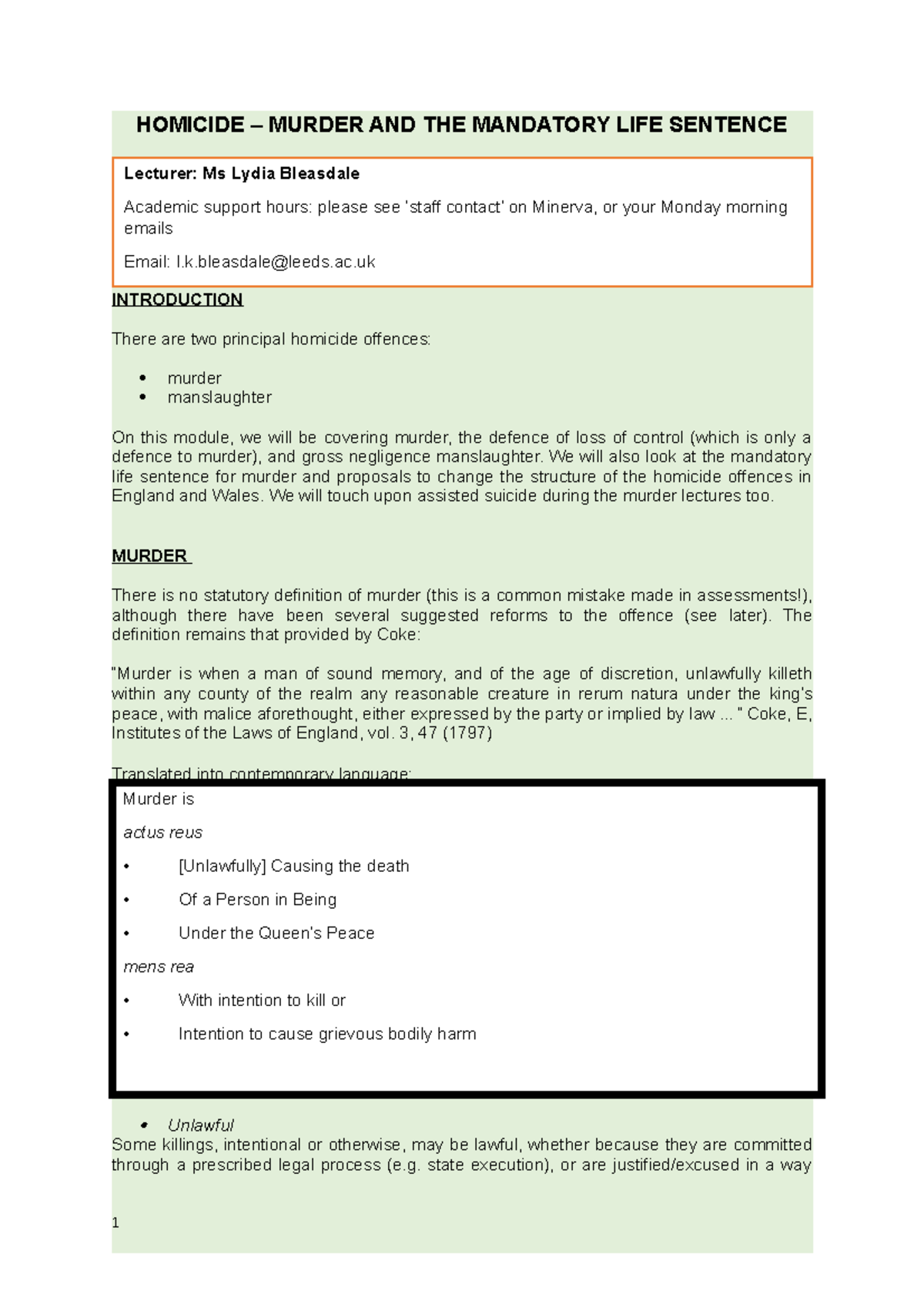 Murder and the mandatory life sentence lecture handout - HOMICIDE ...