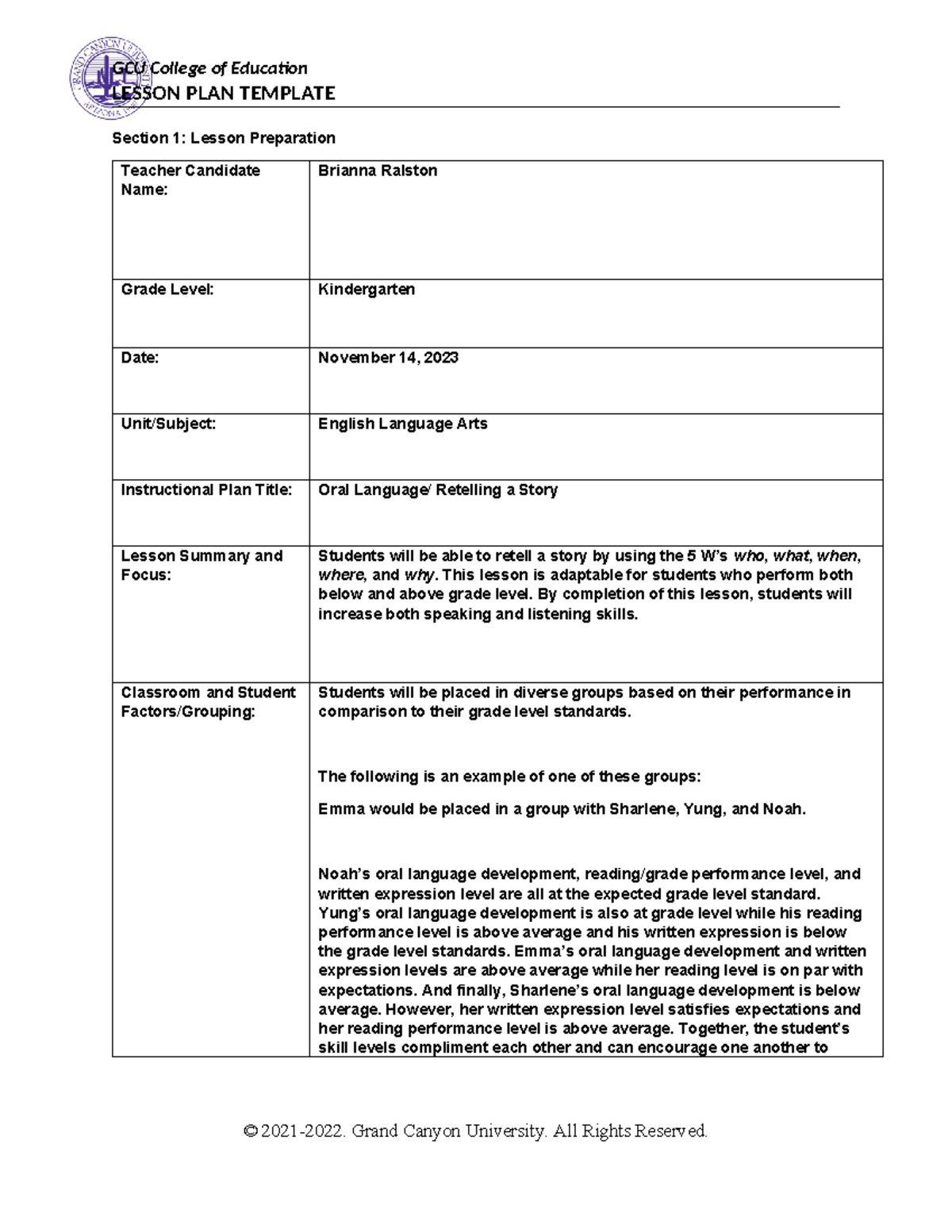 BR SPD 560 Oral Language Lesson Plan - LESSON PLAN TEMPLATE Section 1 ...