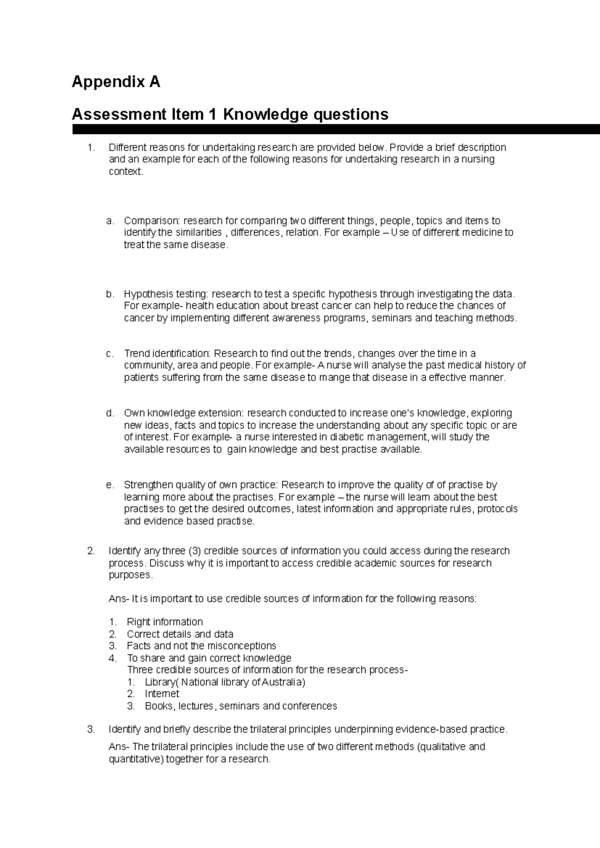 Research - Appendix A Assessment Item 1 Knowledge questions Different ...