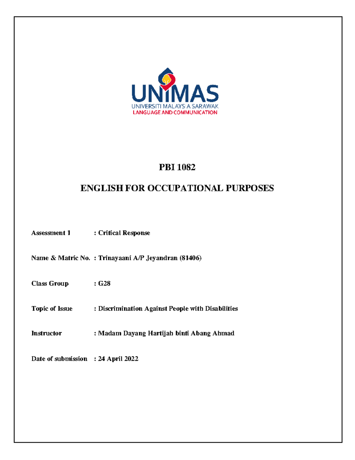 Assessment 1 - hhh - PBI 1082 ENGLISH FOR OCCUPATIONAL PURPOSES ...