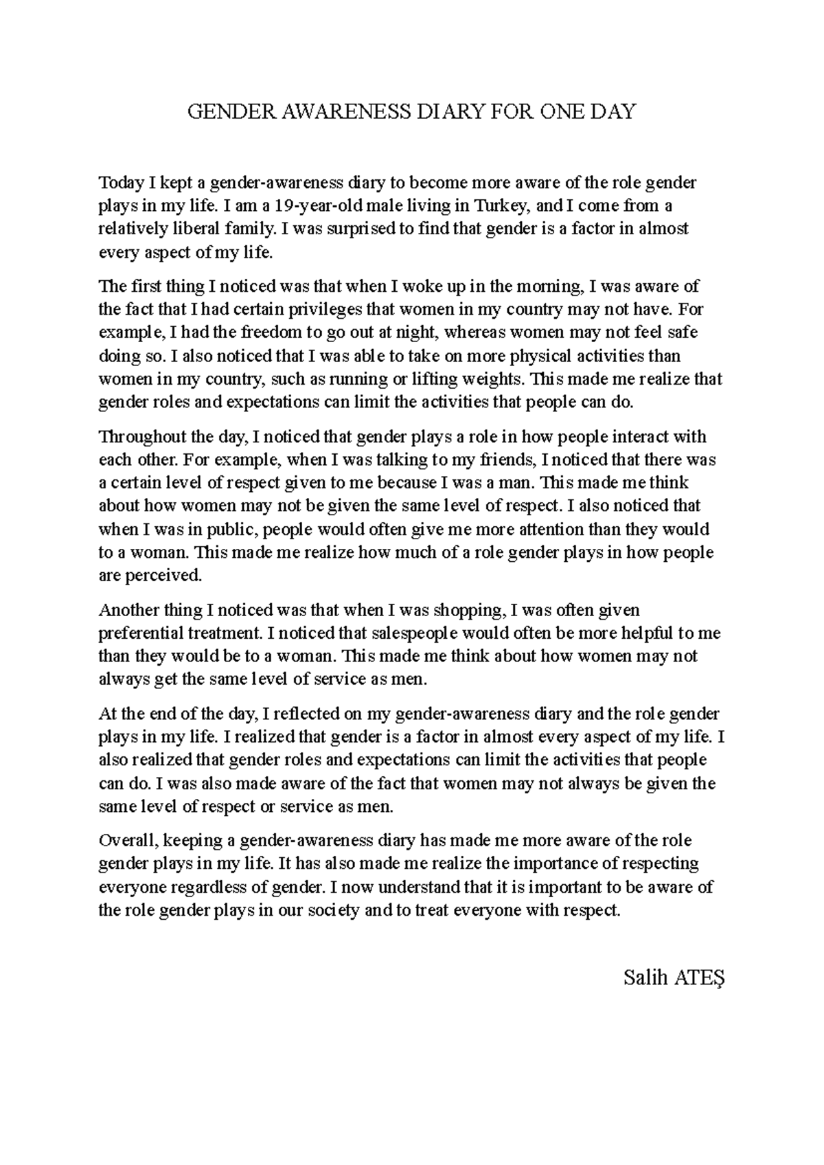 Gender Diary - essay - GENDER AWARENESS DIARY FOR ONE DAY Today I kept ...
