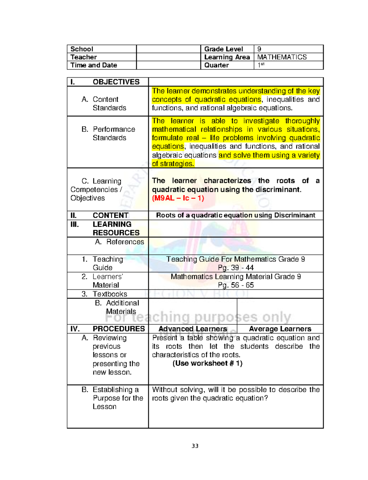 3-11 - math - School Grade Level 9 Teacher Learning Area MATHEMATICS ...