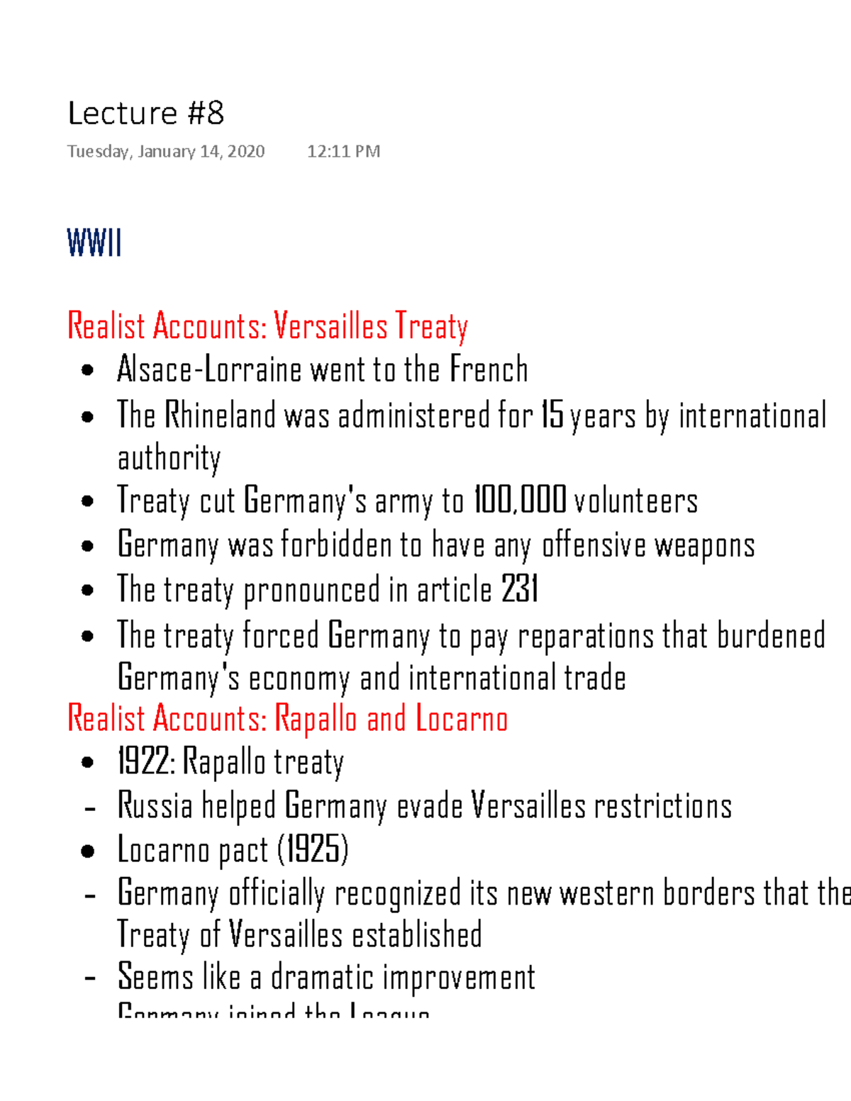 Lecture 8 POLS 250 - Notes - WWII Realist Accounts: Versailles Treaty ...