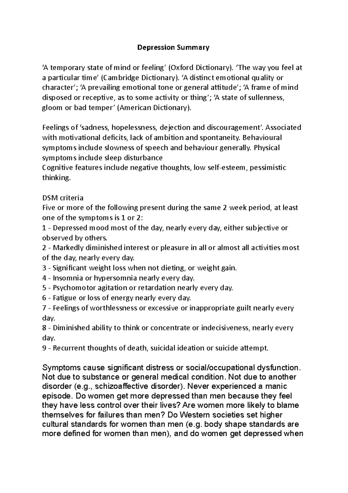 Depression Summary - way you feel at a particular (Cambridge Dictionary ...