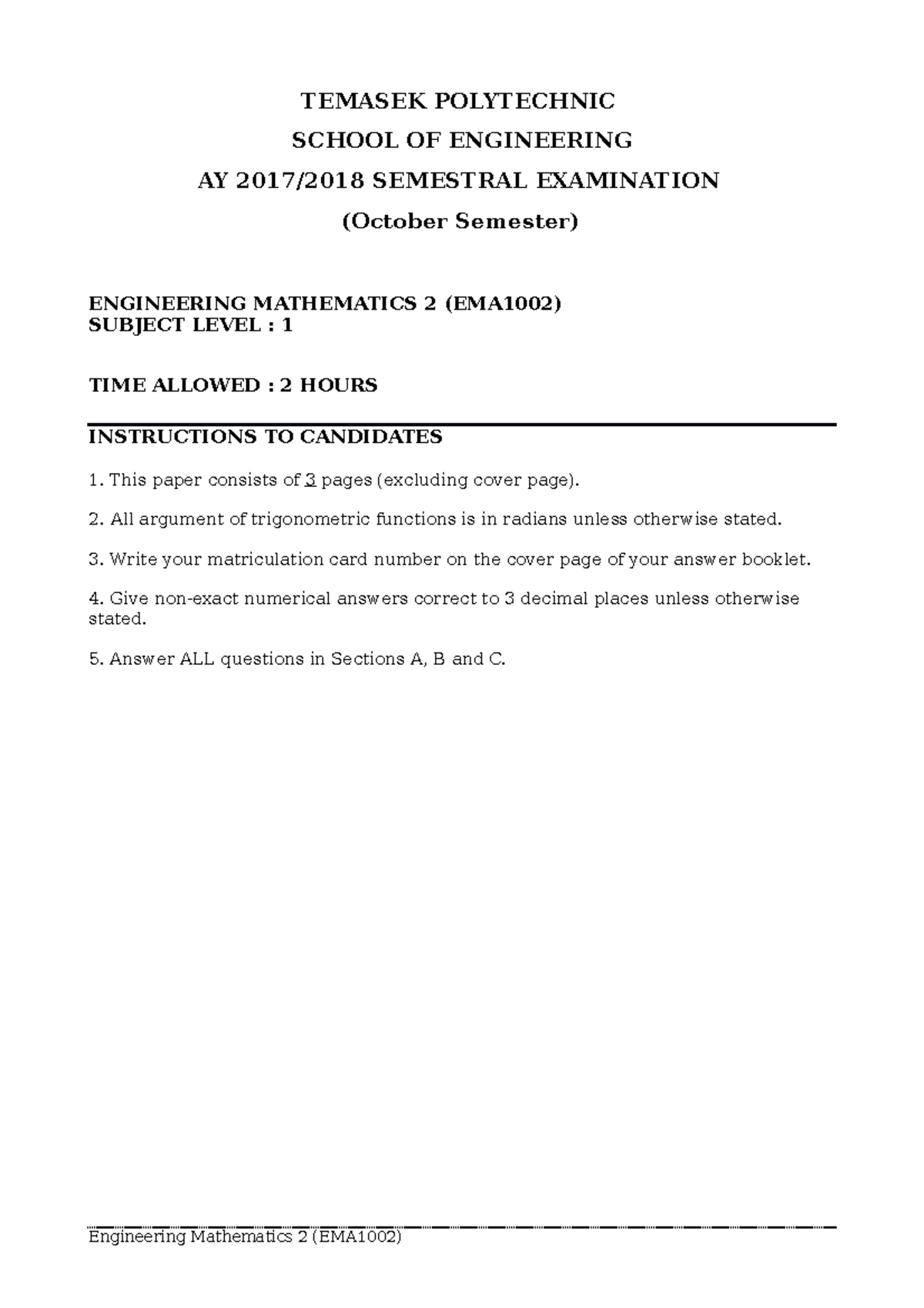 EM2 2017 Sem Exam Oct - Engineering Mathematics 2 Semestral Exam 2017 ...