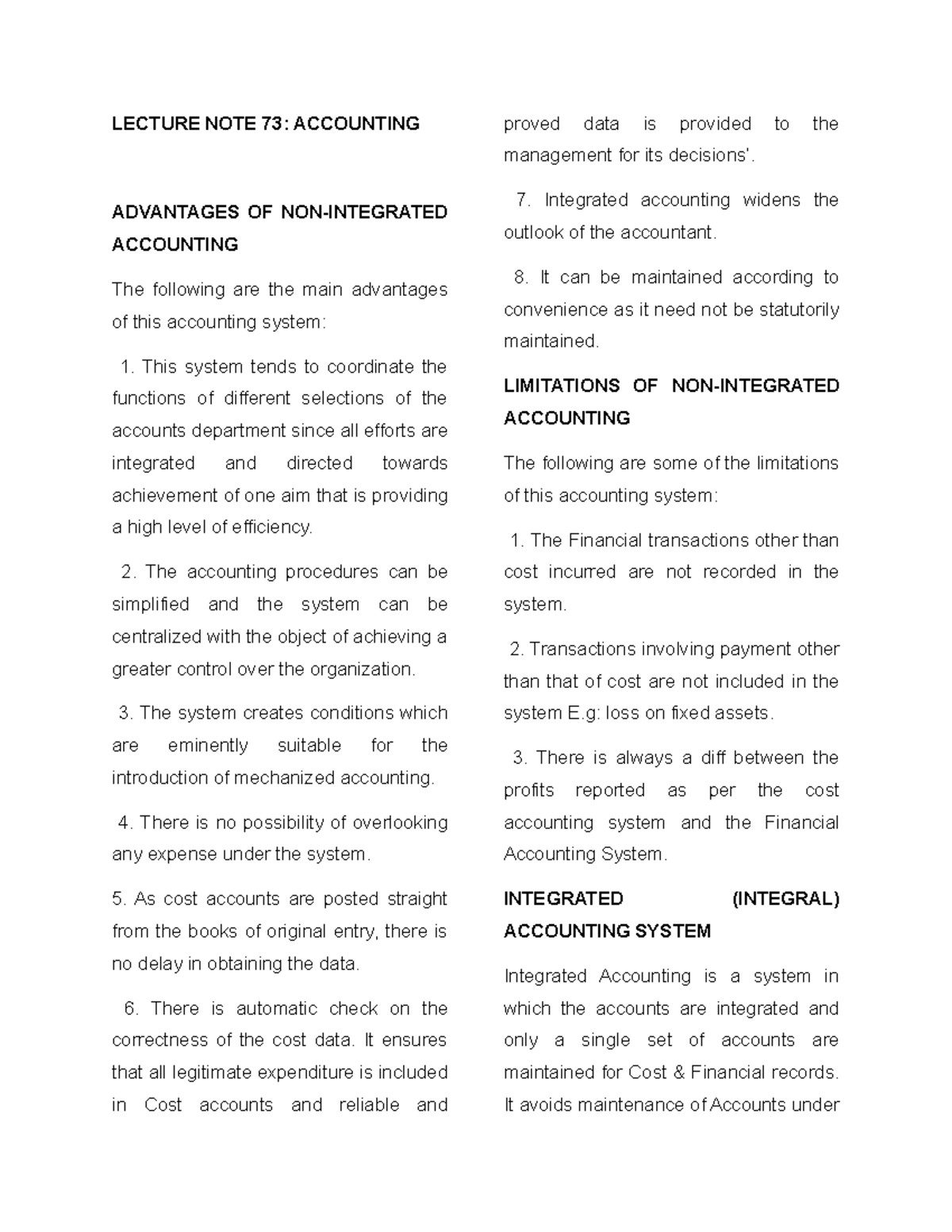 Lecture Note 73 Accounting - LECTURE NOTE 73: ACCOUNTING ADVANTAGES OF NON-INTEGRATED ACCOUNTING ...