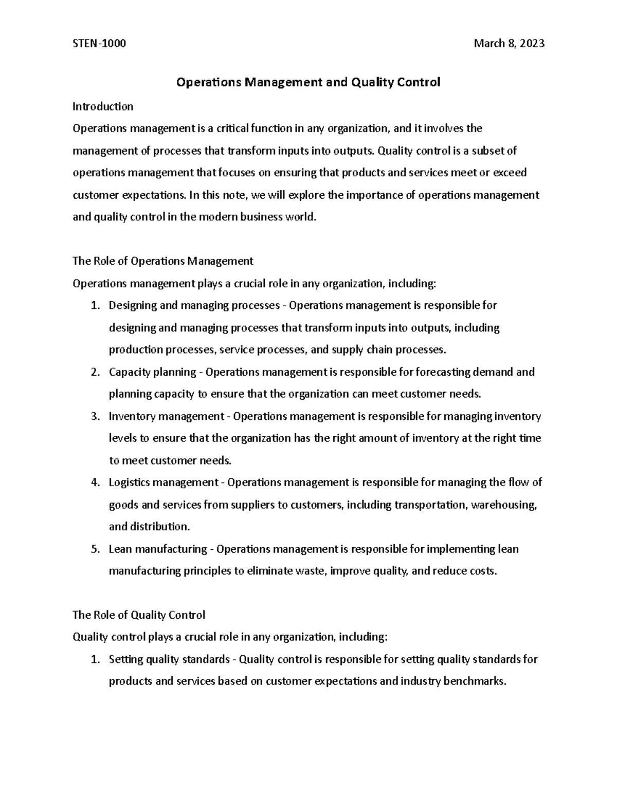 Operations management and quality control - Operations Management and ...