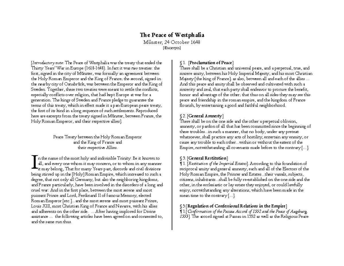 Treaty of Westphalia [Excerpts] - The Peace of Westphalia M ̧nster, 24 ...