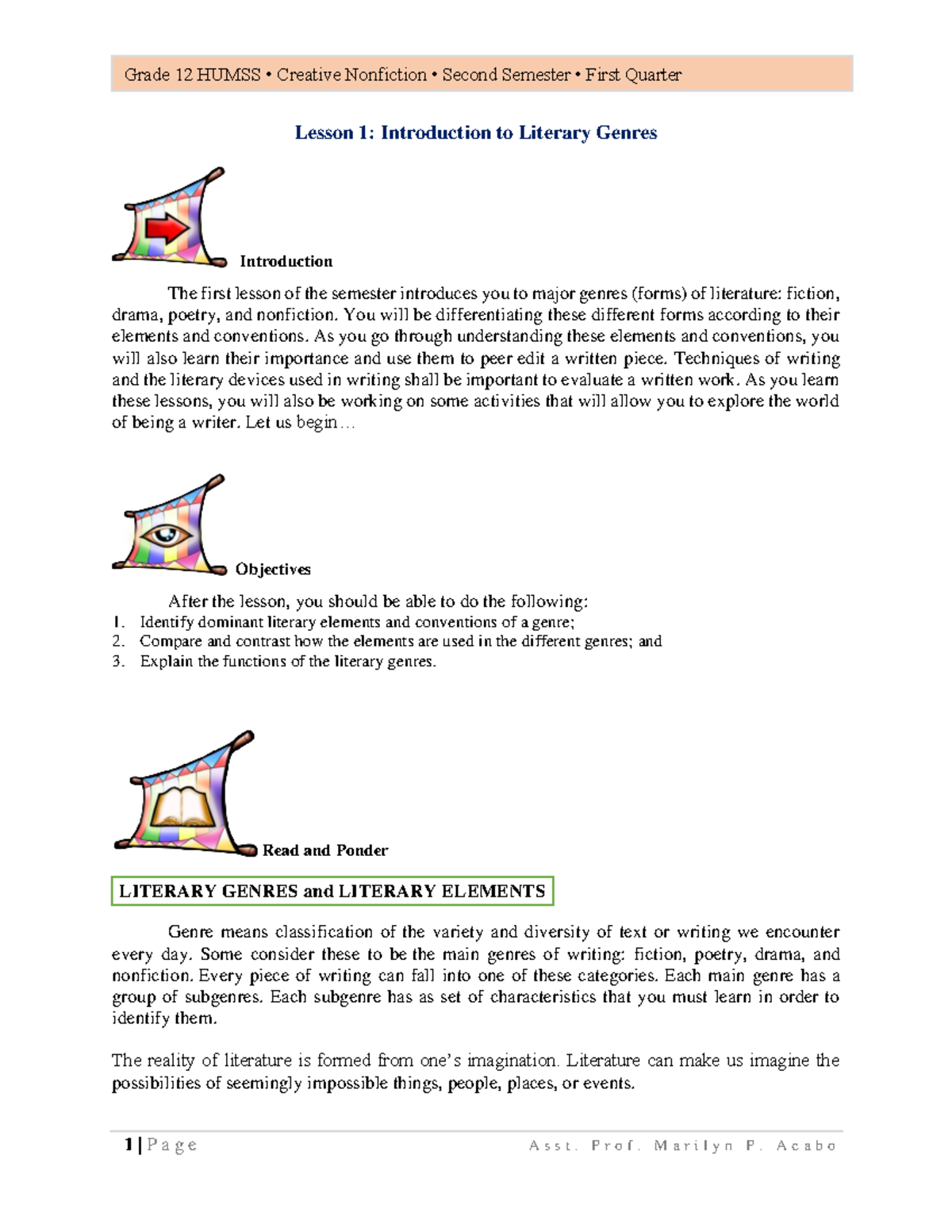 Lesson 1 Lecture on Literary Genres - Lesson 1: Introduction to ...