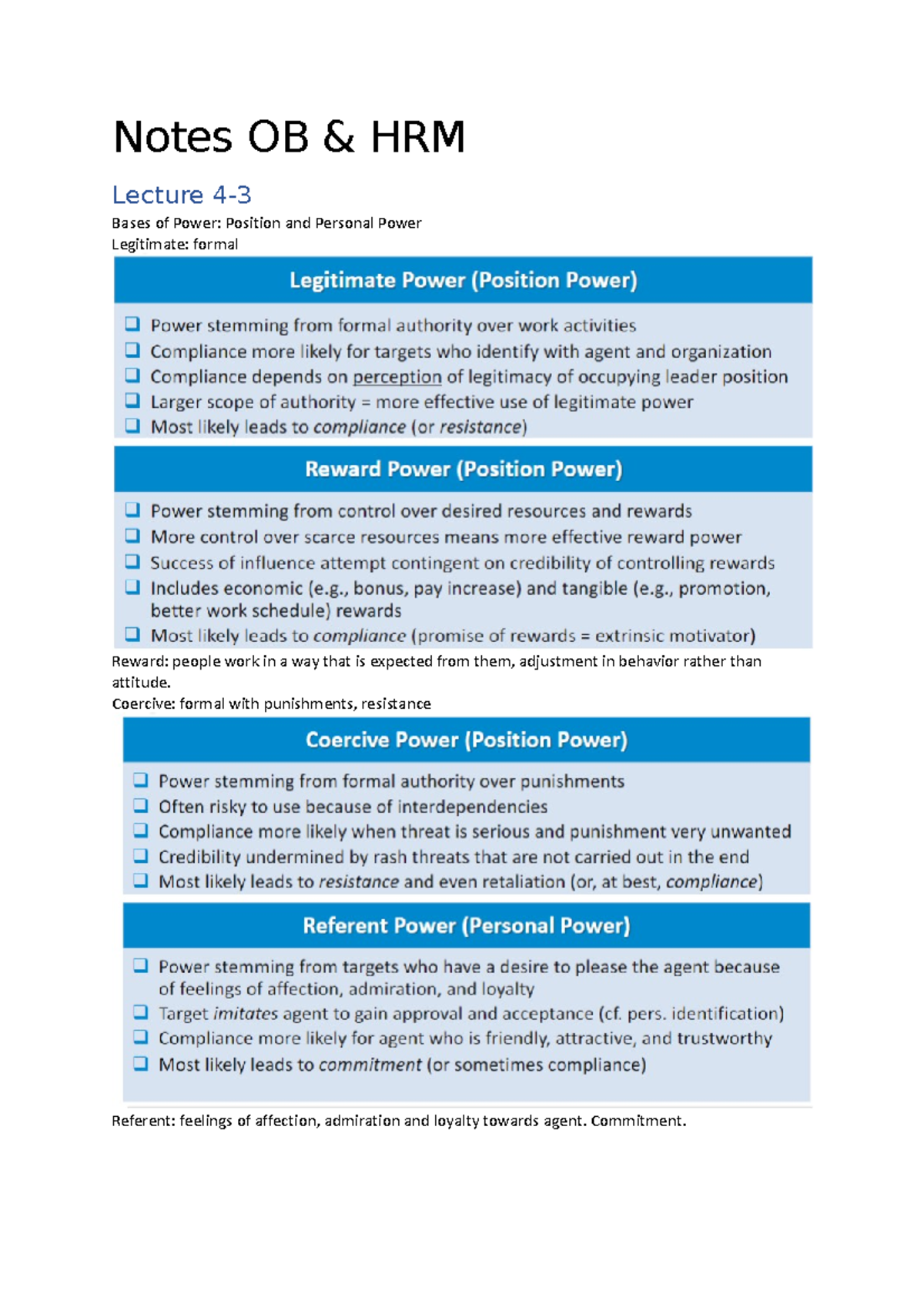 Notes OB - behave - Notes OB & HRM Lecture 4- Bases of Power: Position ...