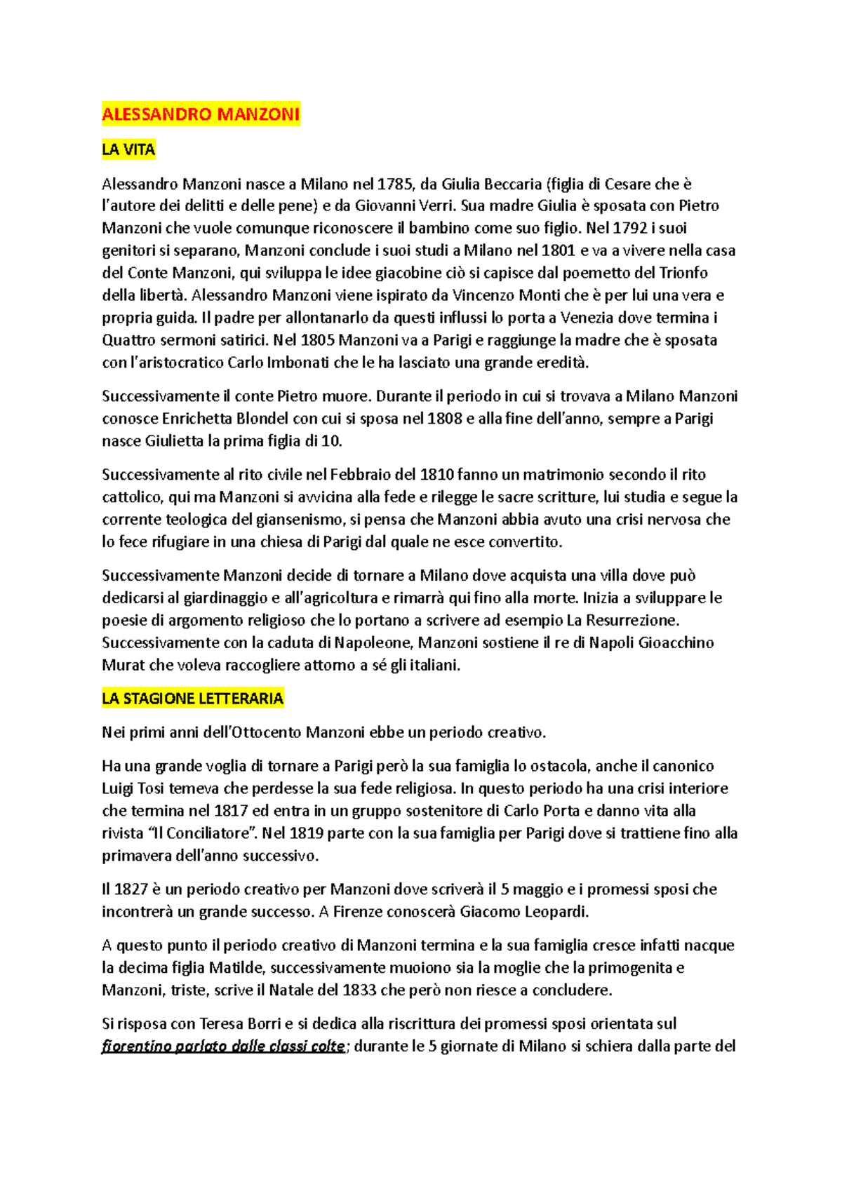 Italiano - Riassunto - ALESSANDRO MANZONI LA VITA Alessandro Manzoni ...