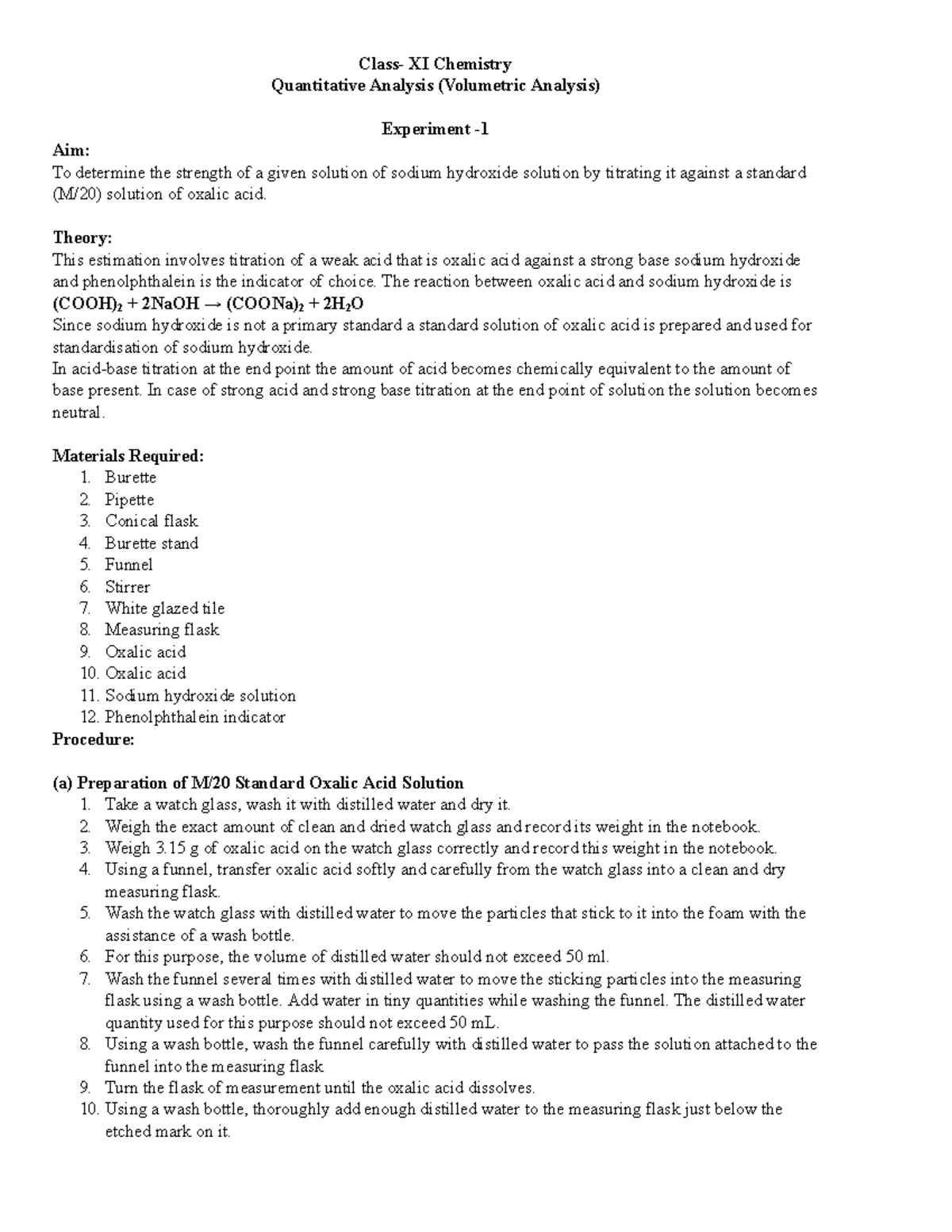 Experiment 1 Oxalic acid vs Na OH titration - Class- XI Chemistry ...