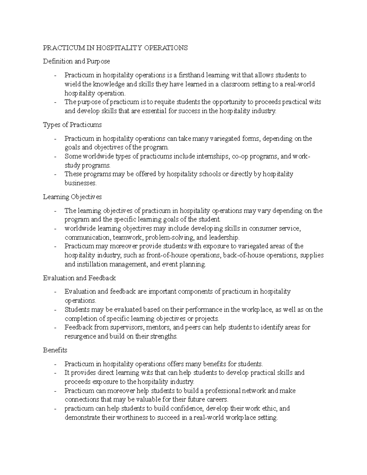 Practicum IN Hospitality Operations Notes 1 - PRACTICUM IN HOSPITALITY ...