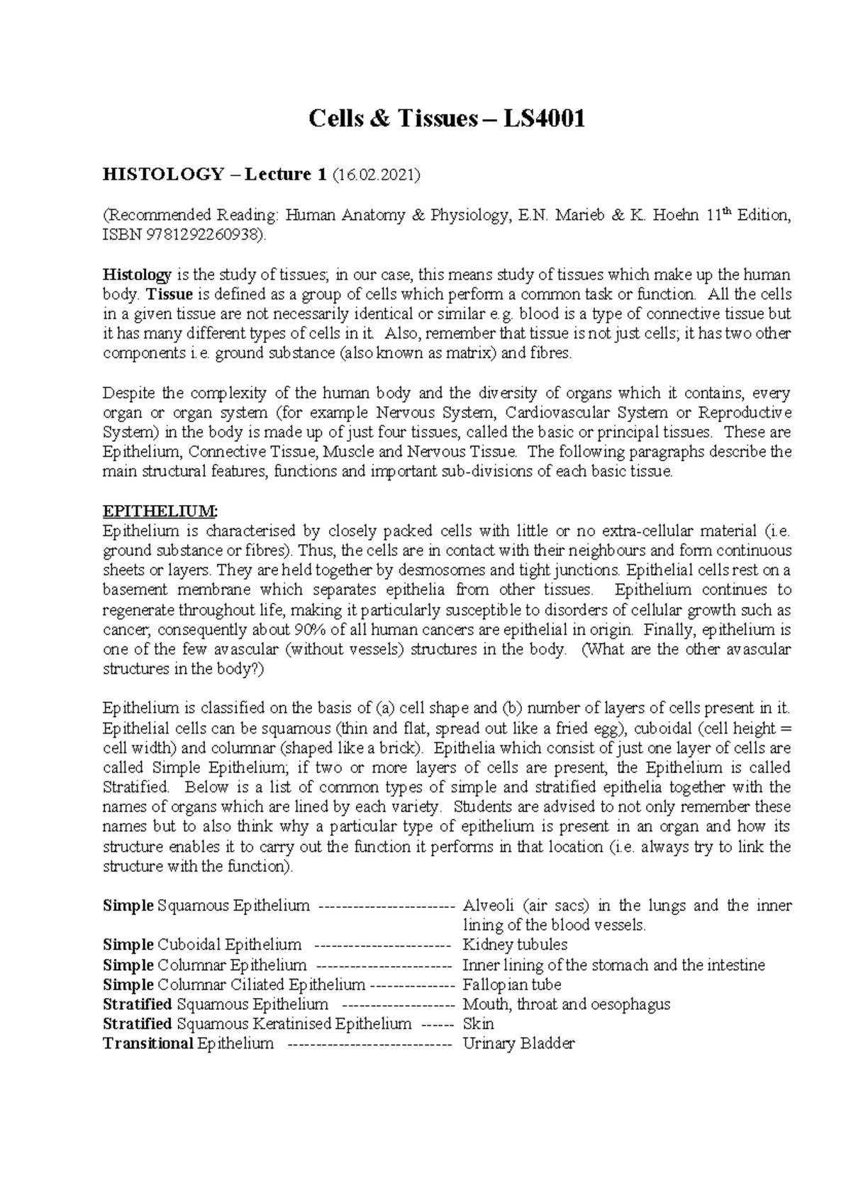 Histology Lecture 1-1 - Cells & Tissues – LS HISTOLOGY – Lecture 1 (16. ...